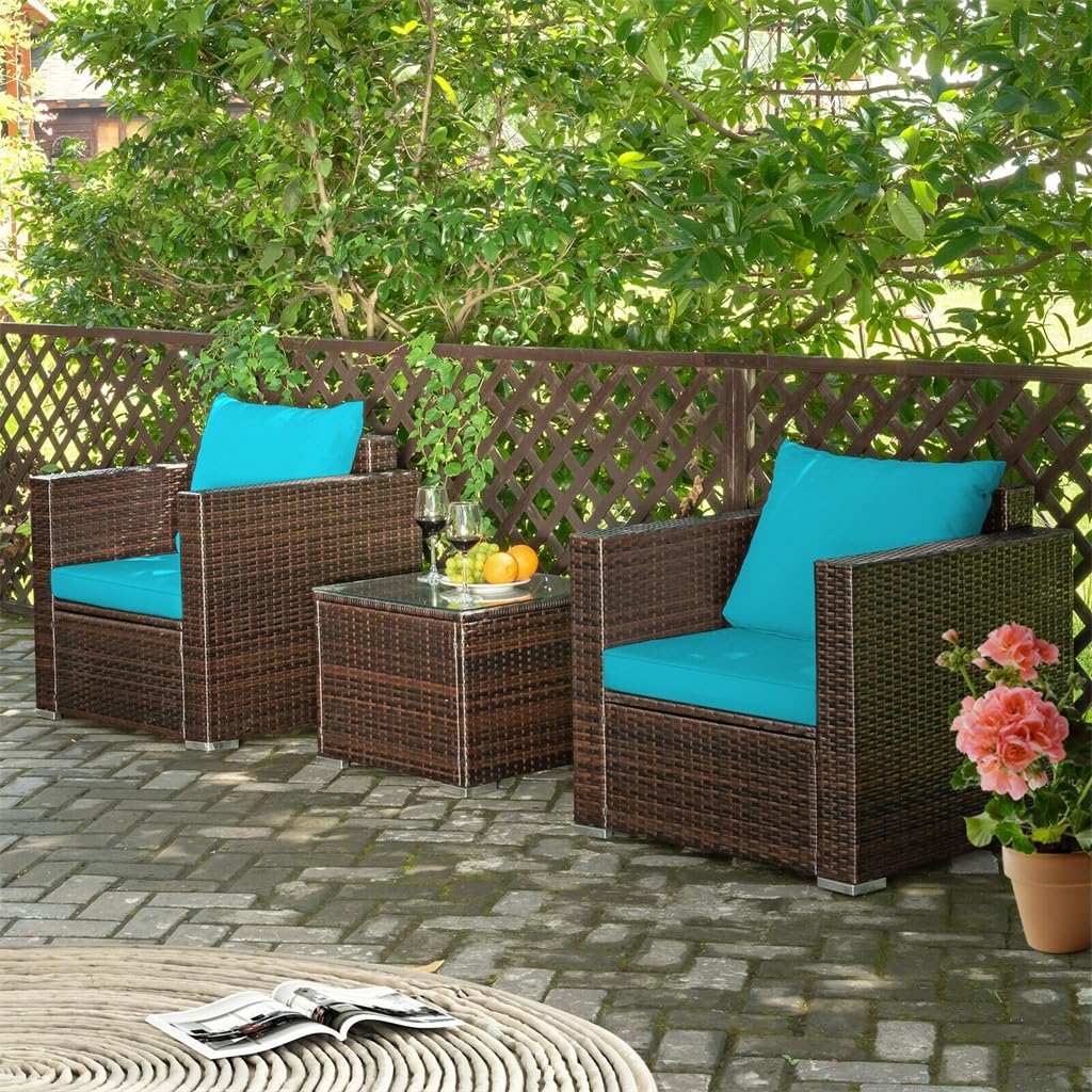 LIUZH 3PCS Patio Rattan Furniture Set Conversation Sofa Cushioned Turquoise