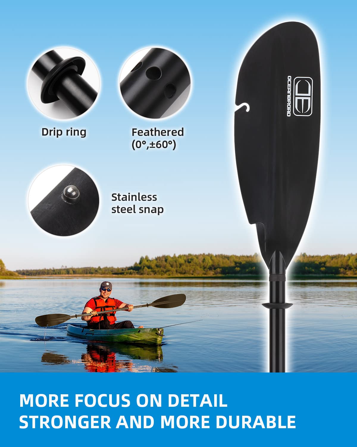 OCEANBROAD 98 Inch / 250CM Fishing Kayak Paddle Alloy Shaft Kayaking Oar with Paddle Leash