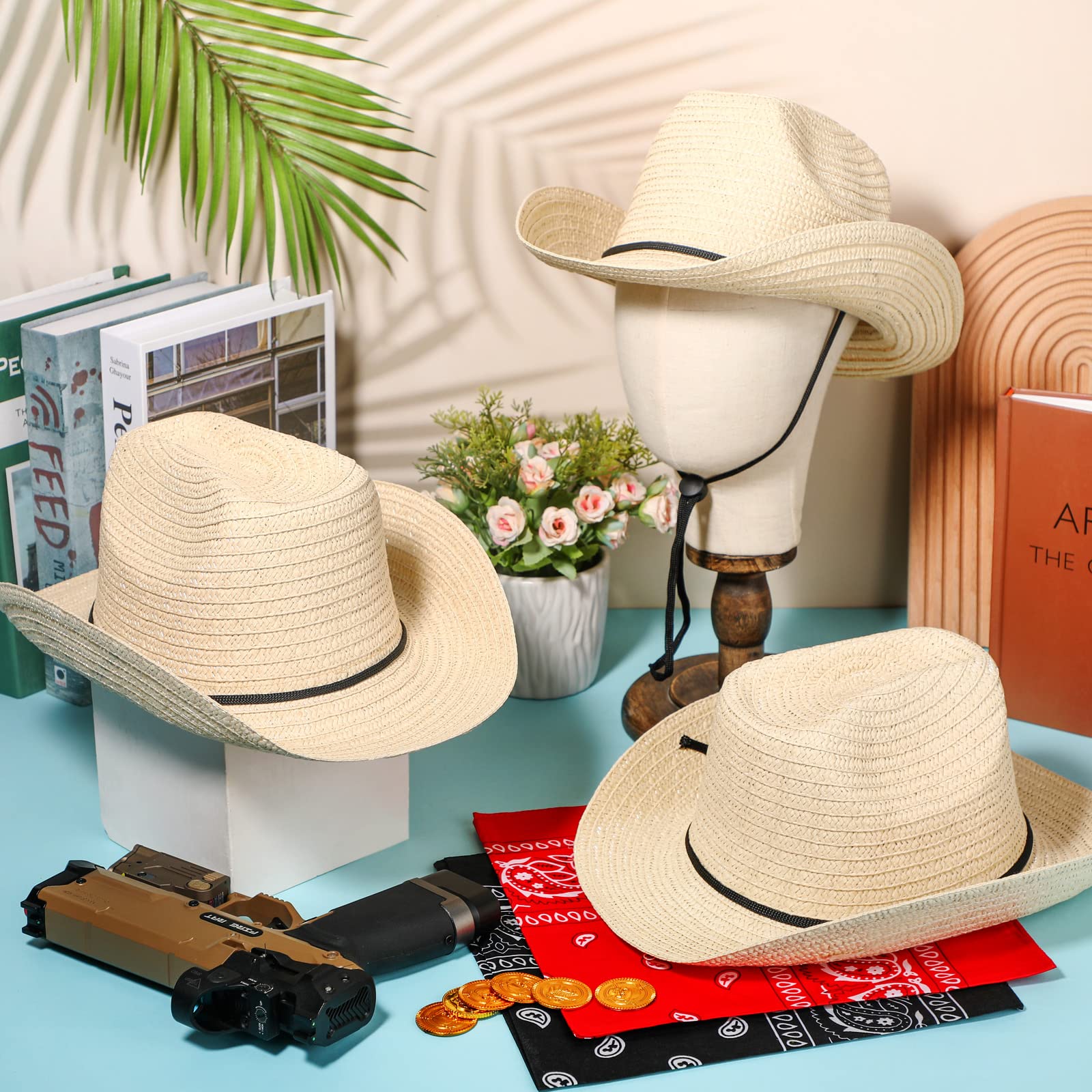 SATINIOR 12 Set Straw Cowboy Caps and Bandanas Cowboy Party cap Costume Head Bandana Bulk Western Accessories(Beige, Classic Style)