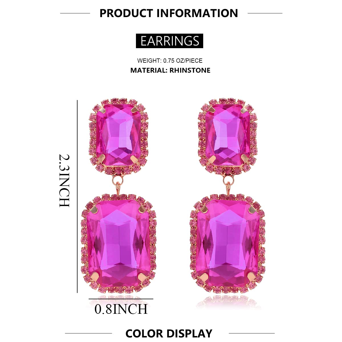 Rose Pink Crystal Chandelier Drop Earrings, Rhinestone Rectangle Statement Earrings for Women Evening Jewelry KELMALL COLLECTION
