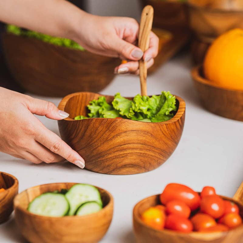 Rainforest Bowls Set of 4 6.5" Regular Wavy Curved Rim Javanese Teak Wood Bowls- Perfect for Everyday Use, Hot & Cold Friendly, Ultra-Durable- Premium Wooden Bowls Handcrafted by Indonesian Artisans
