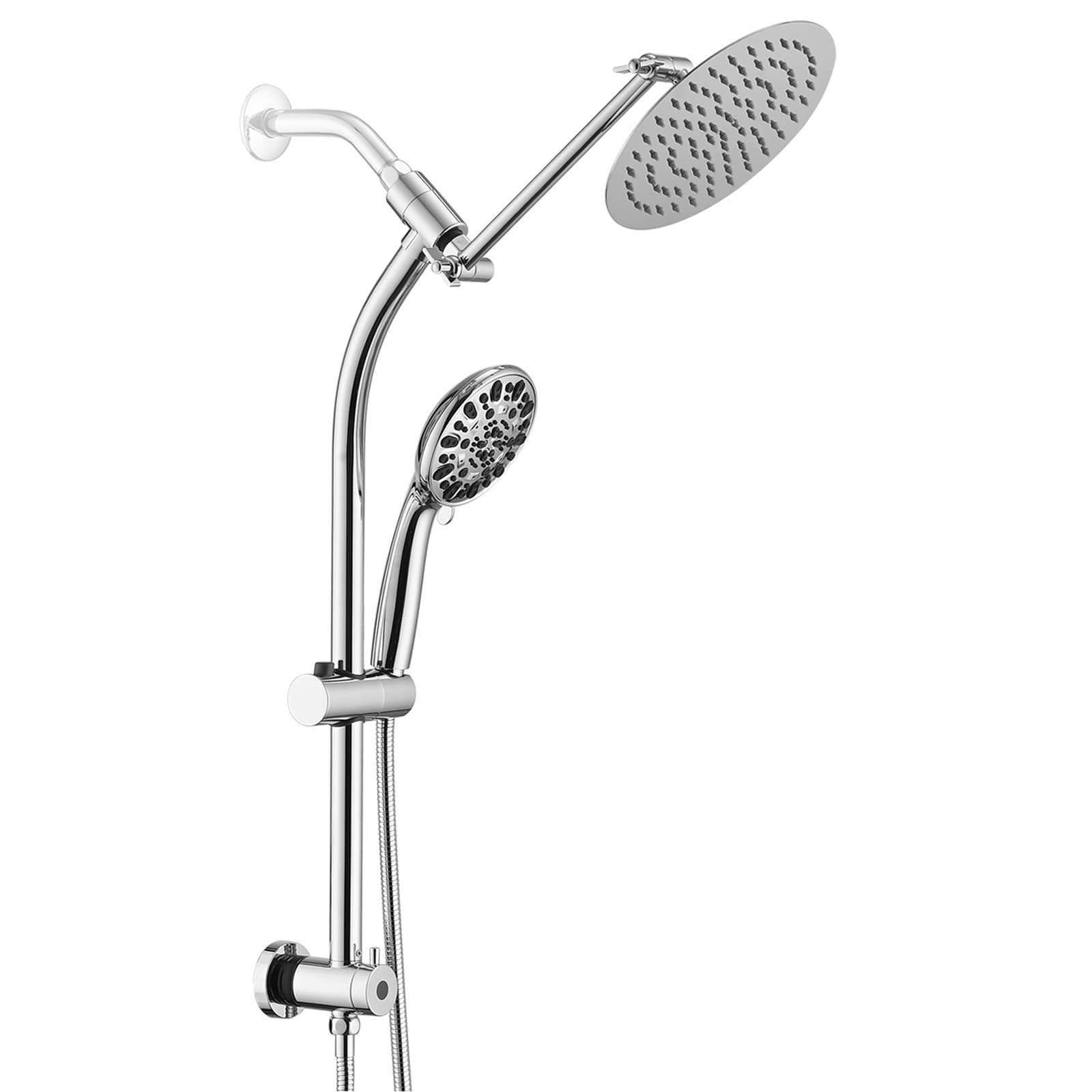 UCLIMAA Rainfall 8 Inch Round Shower Head with High Pressure Handheld Spray Combo, Drill-Free Slide Bar with Adjustable Shower Extension Arm, 3-Way Low Diverter for Easy Reach, 5Ft Hose- Chrome