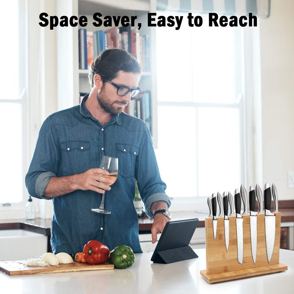 Magnetic Knife Block, Natural Bamboo Knife Holder with Strong Magnets, Double Side Cutlery Display Stand and Storage Rack, Comes in a Gift Box