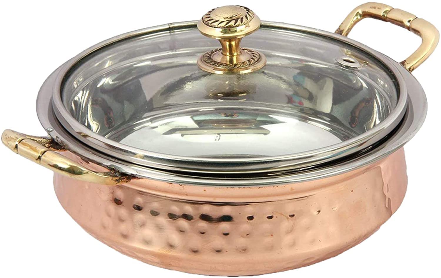 PARIJAT HANDICRAFT Indian Hammered Copper Serving Bowl for Food Soup with Handle and Glass Lid Decorative Small Seveware Pack of 6