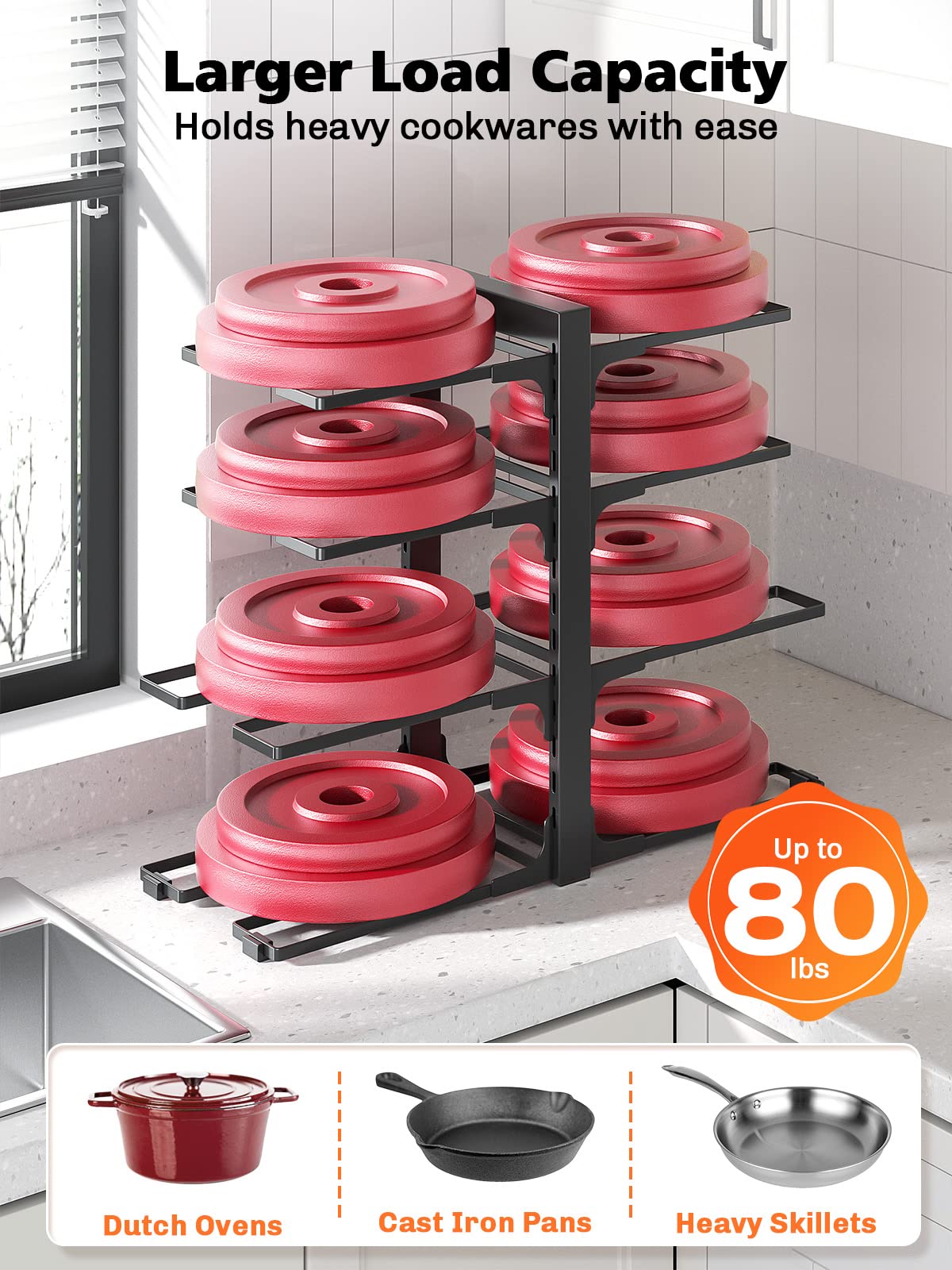 MUDEELA Adjustable 8-Tier Iron Pots and Pans Organizer for Cabinet, Silver, Protective Kitchen Storage