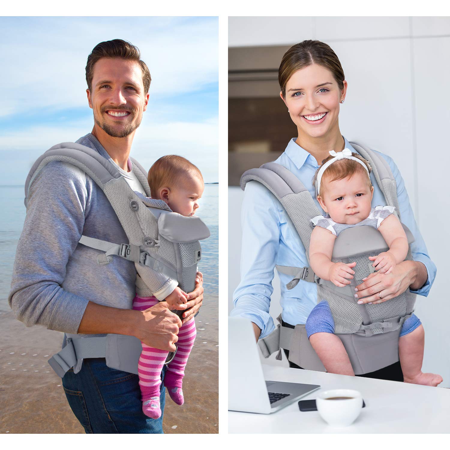 Meinkind Convertible Carrier, 4-in-1 Infant Carrier Ergonomic, Soft Breathable Comfortable Baby Carrier for 7~45lbs Infant, Front and Back Carrier with Head Support, Padded Shoulder Strap, Grey