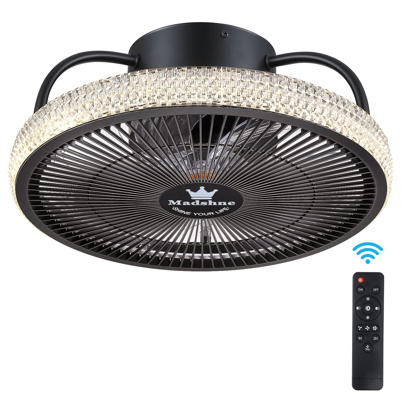 MADSHNE Low Profile Flush Mount Ceiling Fans with Lights and Remote,15'' Small Modern Bladeless Ceiling Fans, Black Enclosed Ceiling Fan with Dimmable LED Lighting Fixture for Bedroom Kitchen