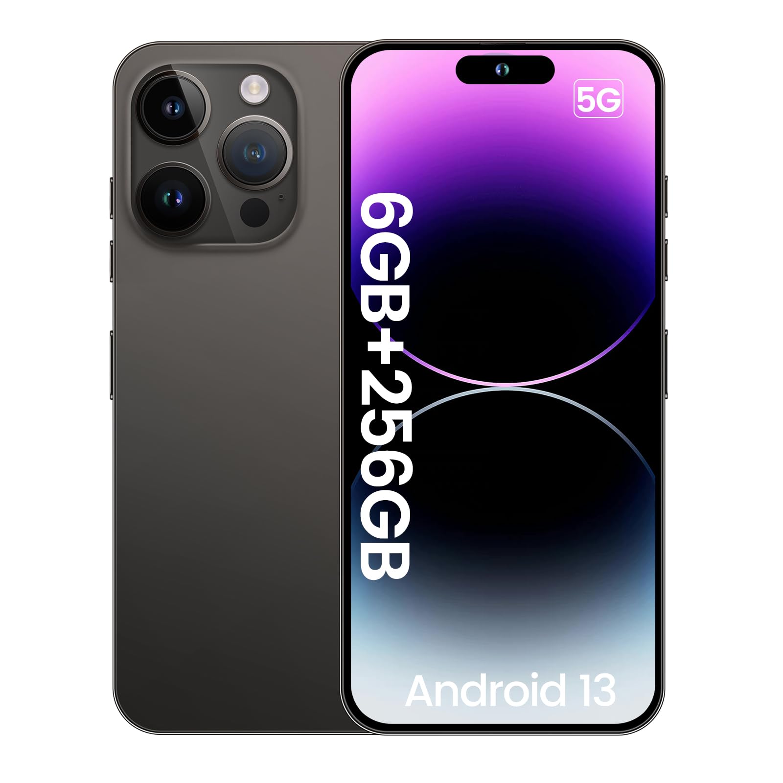 luckeu A14 Pro Max 5G Unlocked Cell Phone, Android 13 Smartphone 6.9 Inch FHD+ 90Hz Screen 6000mAh Battery, 6GB+256GB Octa-Core, 64MP/24MP AI Camera Mobile Phone, Dual SIM with GPS/Face ID - Black
