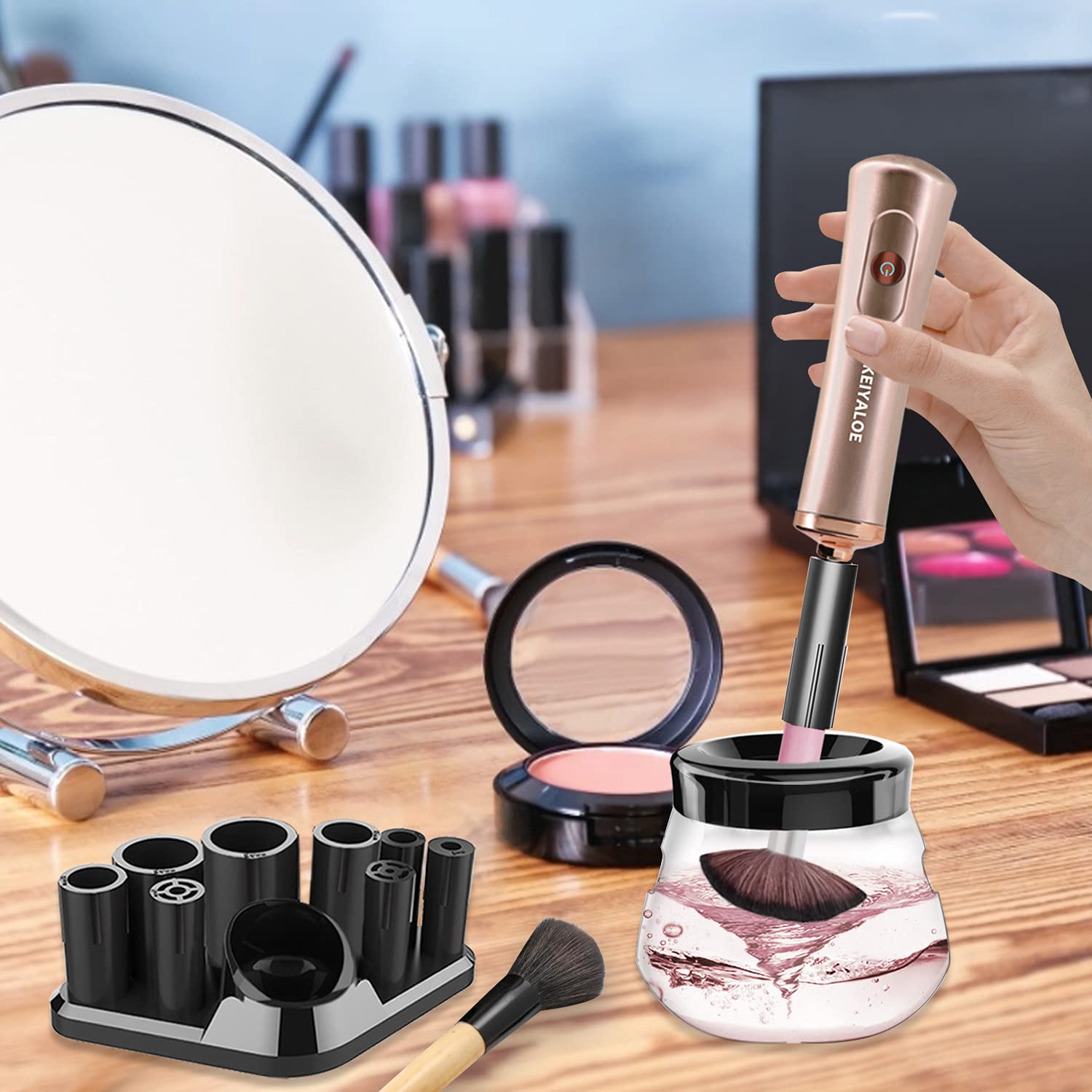 Makeup Brush CLeaner, Automatic Makeup Brushes Deep Cosmetic Brush Spinner (Gold)