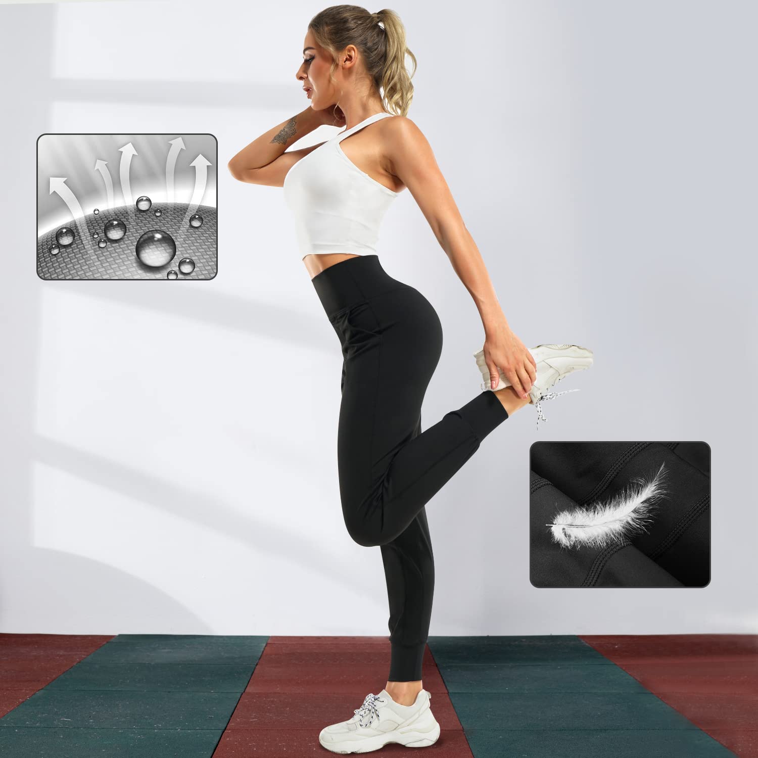 LEINIDINA Women’s Jogger Pants Active High Waisted Sweatpants with Pockets Tapered Casual Lounge Pants Loose Track Cuff Leggings (Black, X-Large)