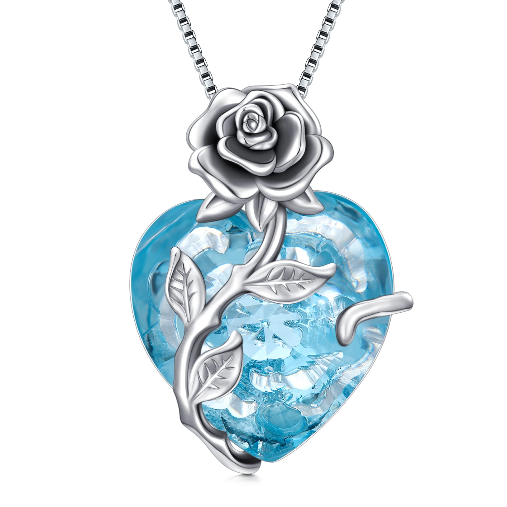 OCJ Aquamarine Necklace for Women March Birthstone Necklace 925 Sterling Silver Heart Rose Flower Pendant Jewelry Gifts for Women Her Mom Wife Daughter Friends Ladies Anniversary Birthday Gifts Ideas