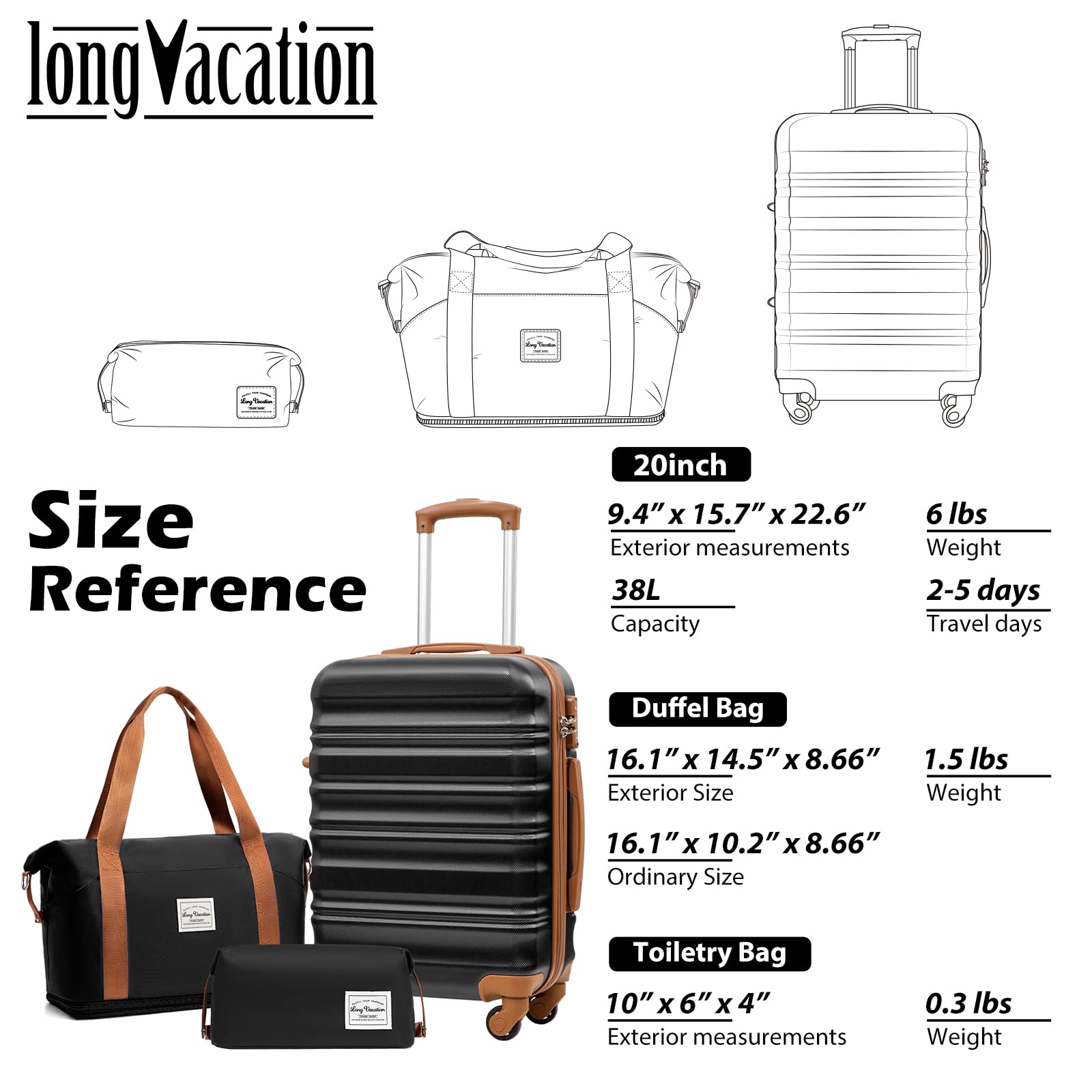 LONG VACATION Luggage Sets 20 IN Carry on Suitcase ABS Handshell Luggage 3 Piece Set with TSA Lock Spinner Wheels (PINK, 20-Inch)