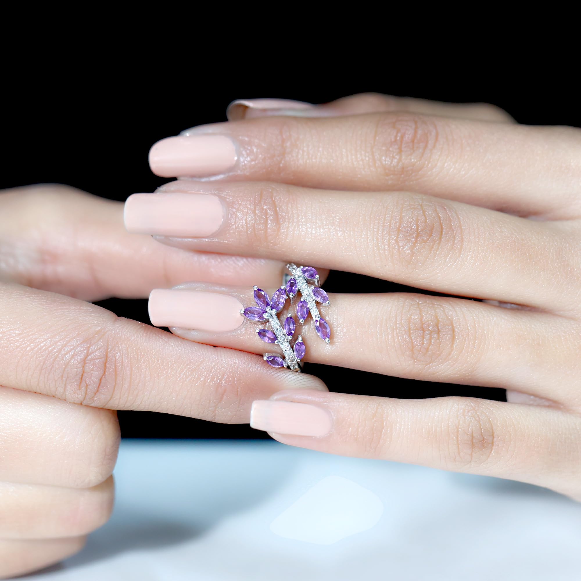 Rosec Jewels 2 CT Real Amethyst and Diamond Leaf Wrap Ring for Women | AAA Quality, 14K White Gold, Size:US 6.50