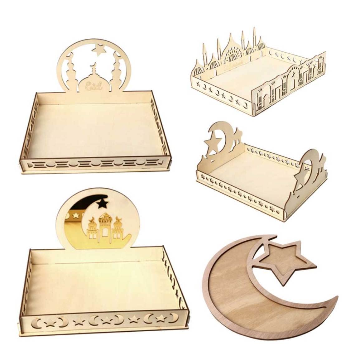 Ramadan Mubarak Fruit Racks,Eid Tray Ramadan Serving Tray Wooden Star Moon Dessert Pastry Tray Eid Tableware for Food Holder 2PCS Islamic Gifts