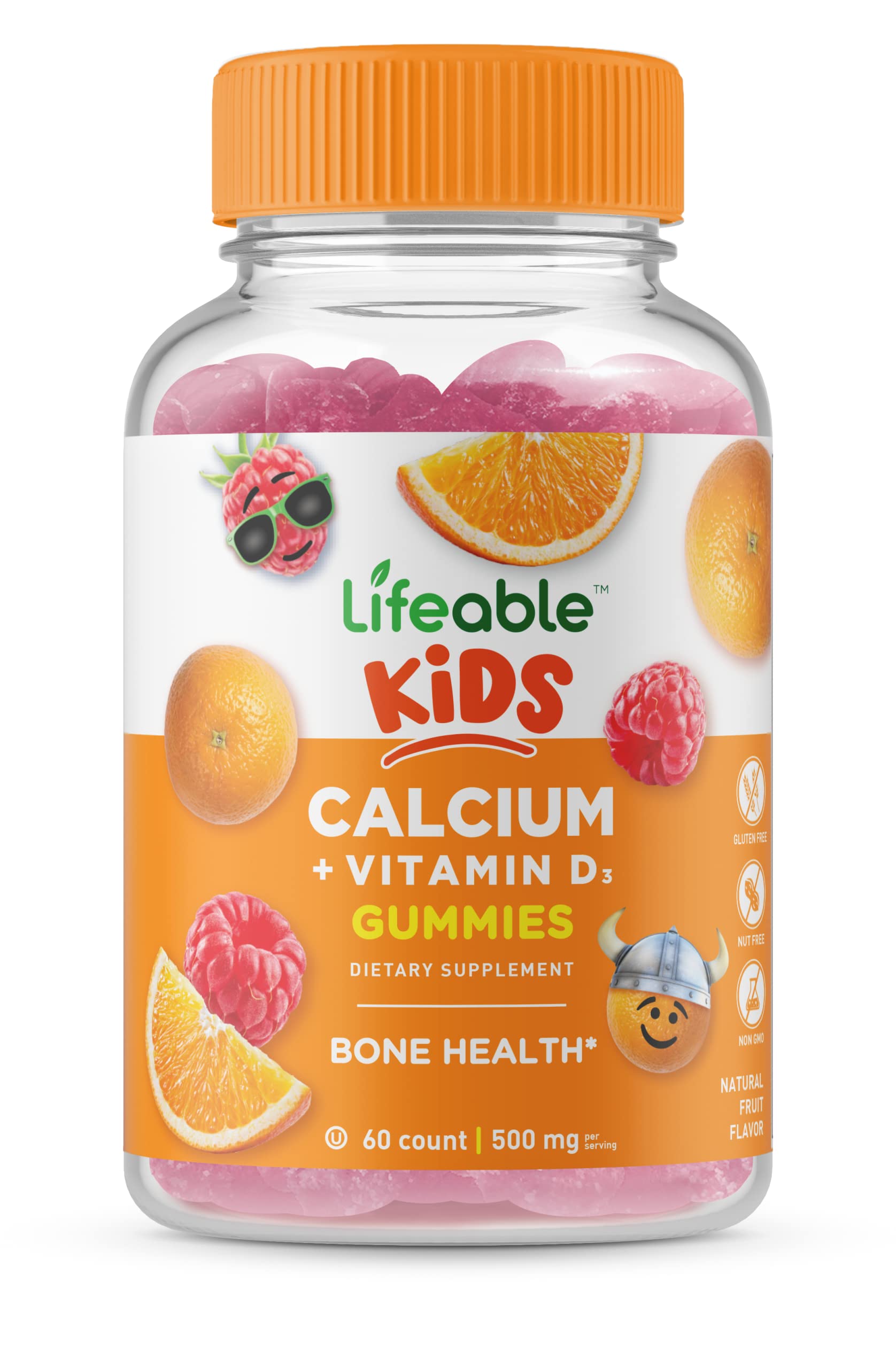 Lifeable Calcium 500 mg with Vitamin D3 1000 IU Gummies for Kids - Natural Flavor Vitamin Supplements - Gluten Free GMO-Free Chewable - for Bone, Groth, Teeth - for Children - 60 Gummies