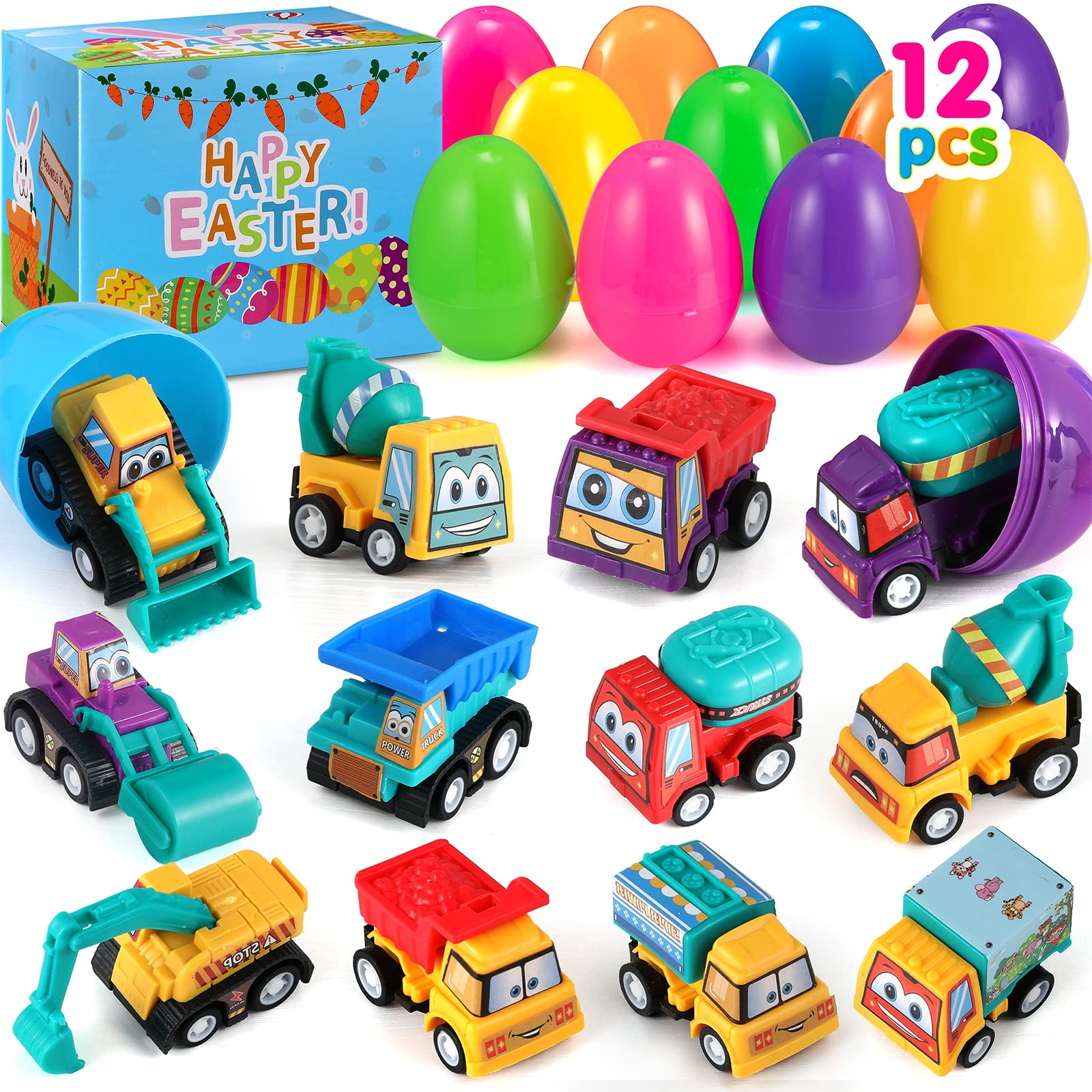 Stlloys Easter Egg Fillers with Pull Back Vehicles Toys, 12 PCS Filled Easter Eggs with Toys Inside & 2 Stickers, Easter Basket Stuffers for Kids Toddlers Boys Girls, Easter Egg Hunt Party Favor