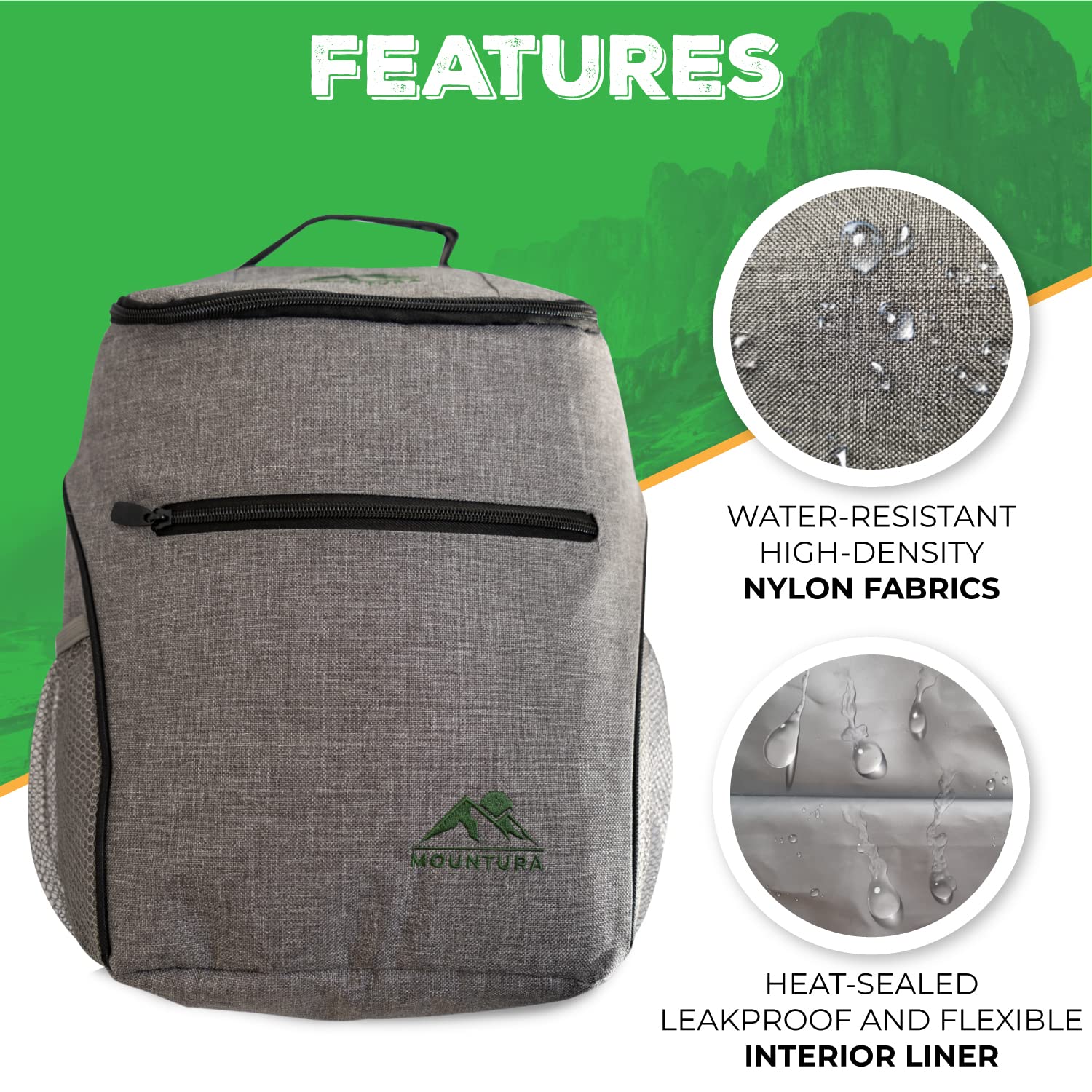 Mountura Lightweight Grey Insulated Backpack, Leak-Proof Backpack with Cooler for Hiking, Work, Picnics, Camping, Beach and Day Trips, 22-Can Carry Capacity, Medium