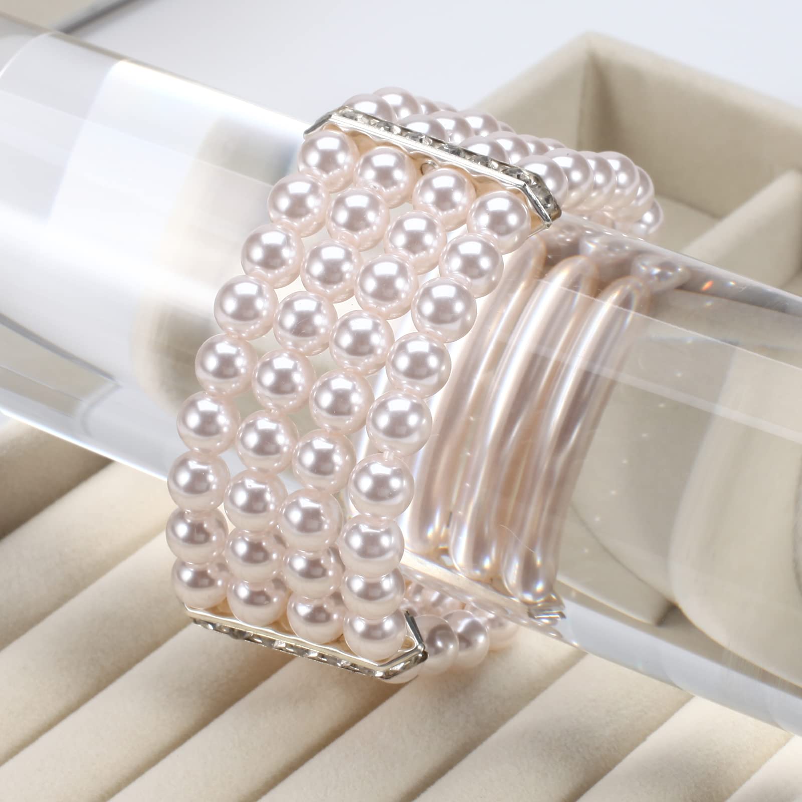 Twinfree 5 Sets Stretch Multilayer Faux 8mm Pearl Bracelet Bangle Vintage Wedding Bridal Jewelry