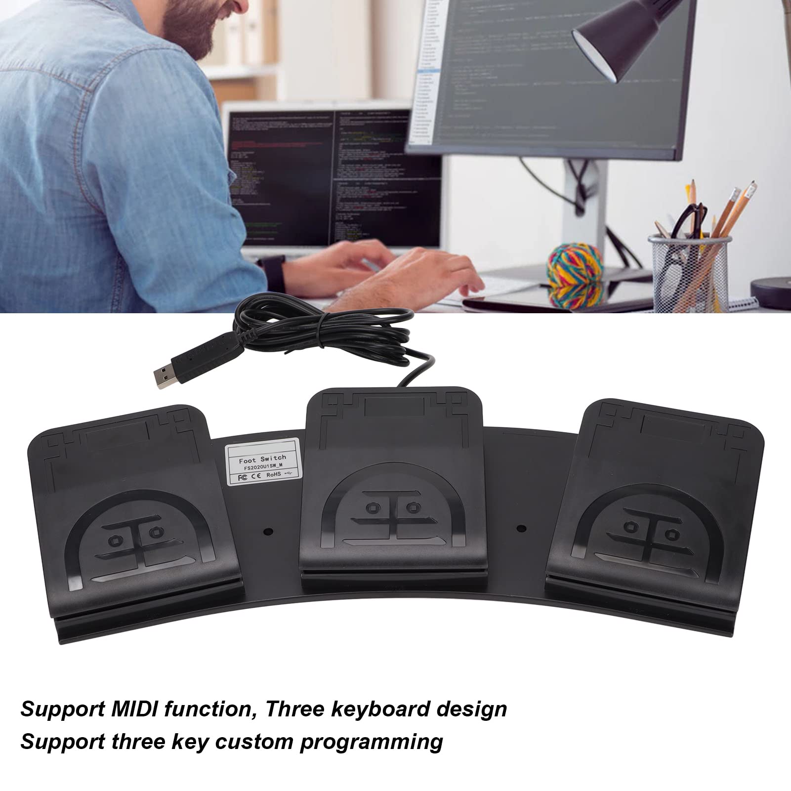 USB Triple Foot Pedal, PC Gaming Foot Pedal, Triple Keys MIDI Controller Mechanical Switch Programmable Computer Keyboard for Playing Games Factory Testing