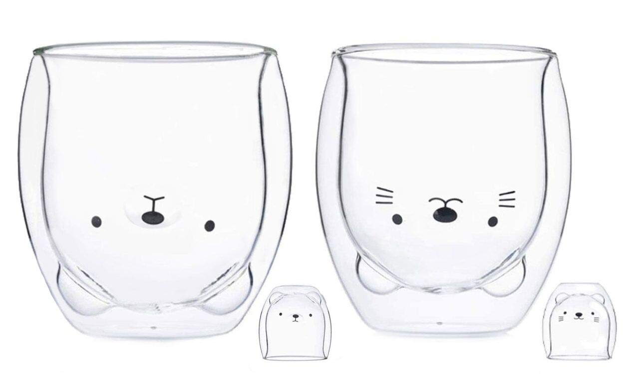 Sharemee Cute Mugs Double Wall Insulated Glass Espresso Cup Coffee Cup, Tea Cup, Milk Cup, Gigt for Personal Birthday and Office 250ml/8.4oz (Cute Mugs Bear+cat)