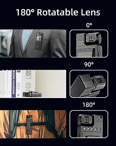 Mini Body Camera 1080P Portable Small Body Worn Cam Wearable Pocket Video Recorder with 180° Rotatable Lens, 1.3" LCD, Night Vision for Security Guard, Law Enforcement, Built-in 64G Memory Card