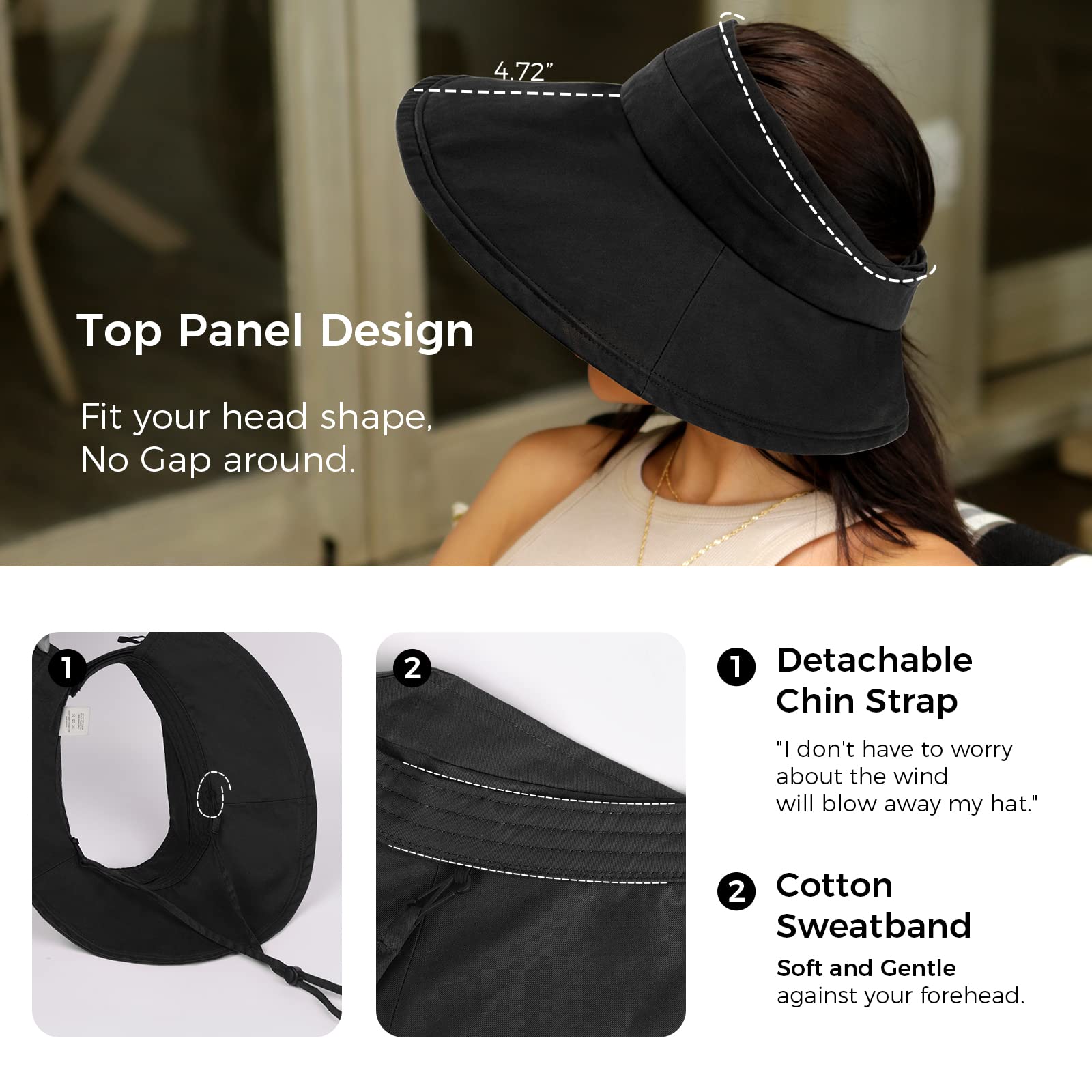 Sun Visors for Women Summer Beach Sun hat Womens Wide Brim Visor Packable UPF 50+ Sun Protection Hats Black