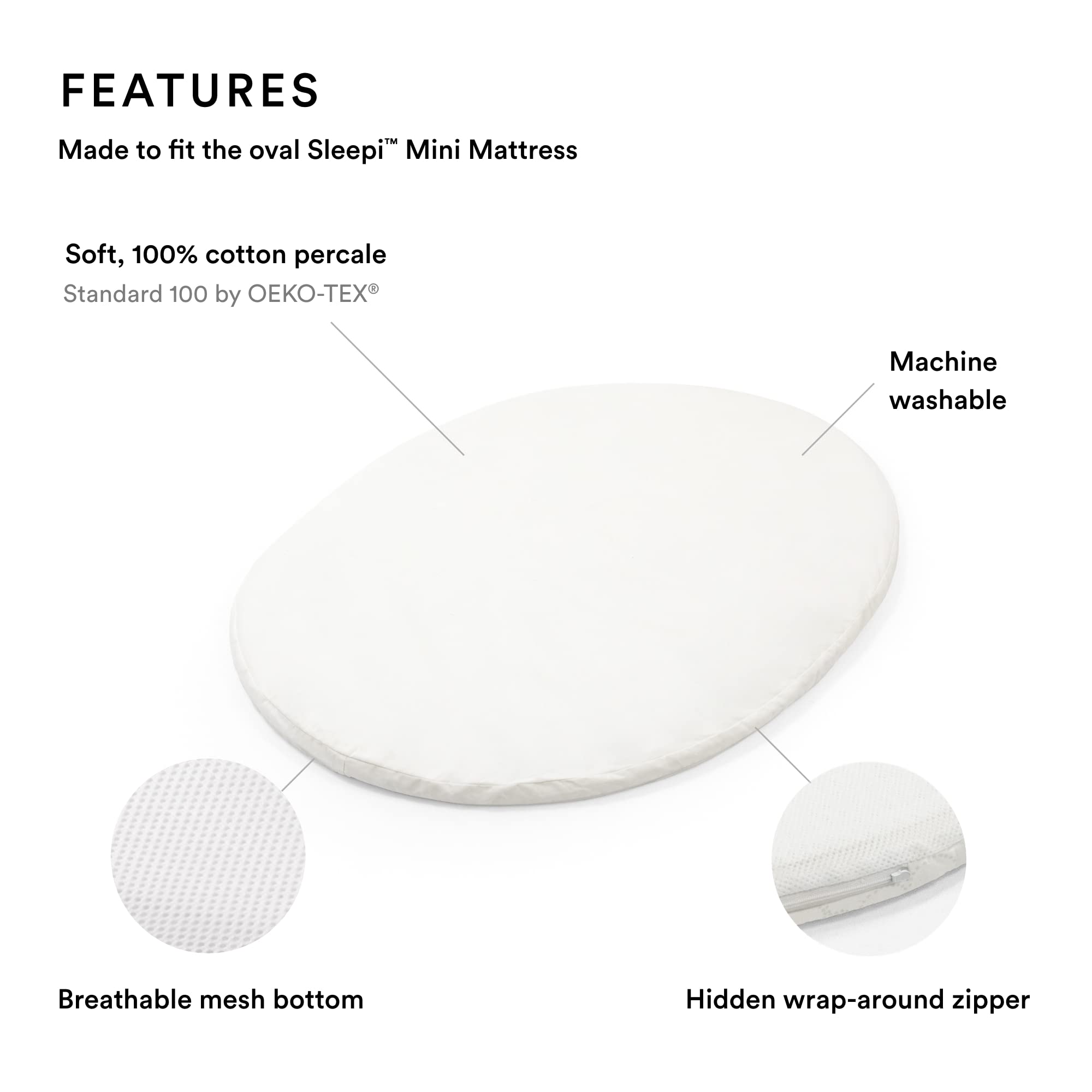 Stokke Sleepi Mini Fitted Sheet, White - Soft Sheets for Sweet Dreams - Made for The Oval Sleepi Mini Mattress - Safe, Stylish & Washable - 100% Fine Cotton Percale