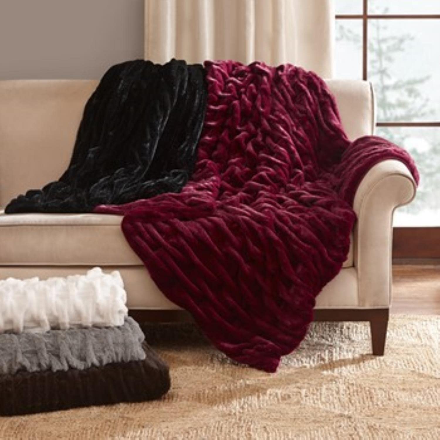 Madison Park Oversized Ruched Fur Luxury Throw Black 50x70 Premium Soft Cozy Ruched Fur For Bed, Couch or Sofa