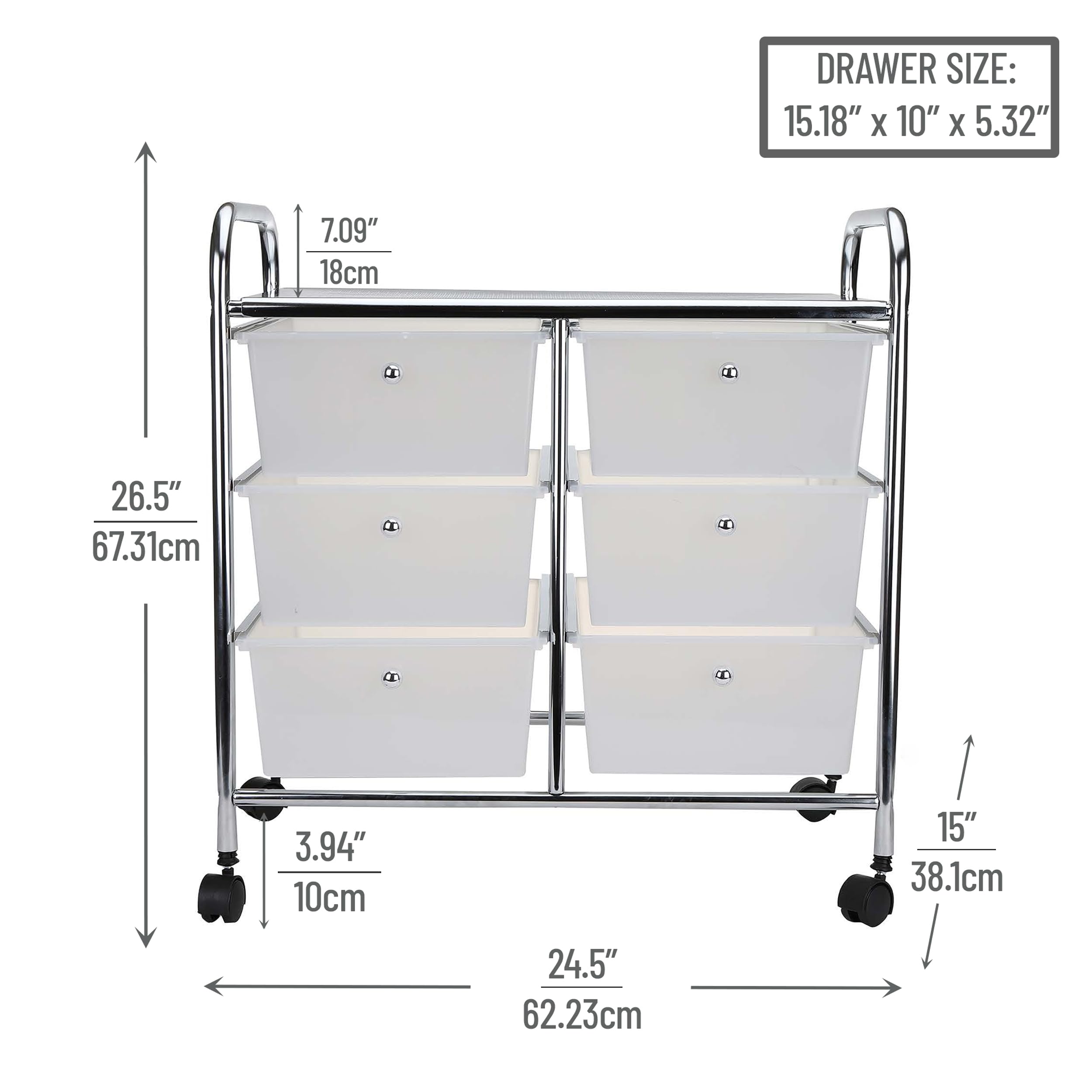 Mind Reader Rolling Cart with Drawers, Utility Cart, Craft Storage, Kitchen, Metal, 24.25"L x 15.25"W x26.25"H, White, Silver