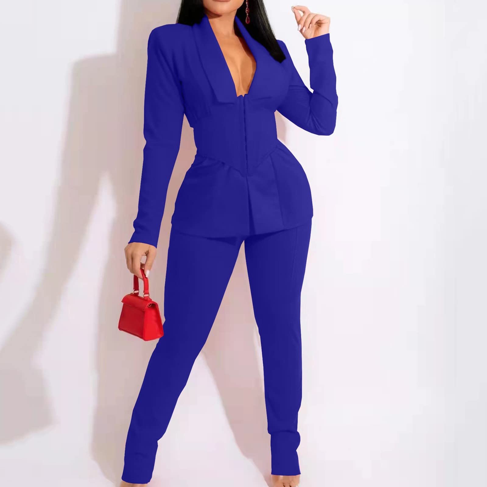 Two Piece Pant Women's Two Piece Lapels Suit Set Office Business Long Sleeve Formal Jacket Pant Suit Slim Two Tone Suit Blue