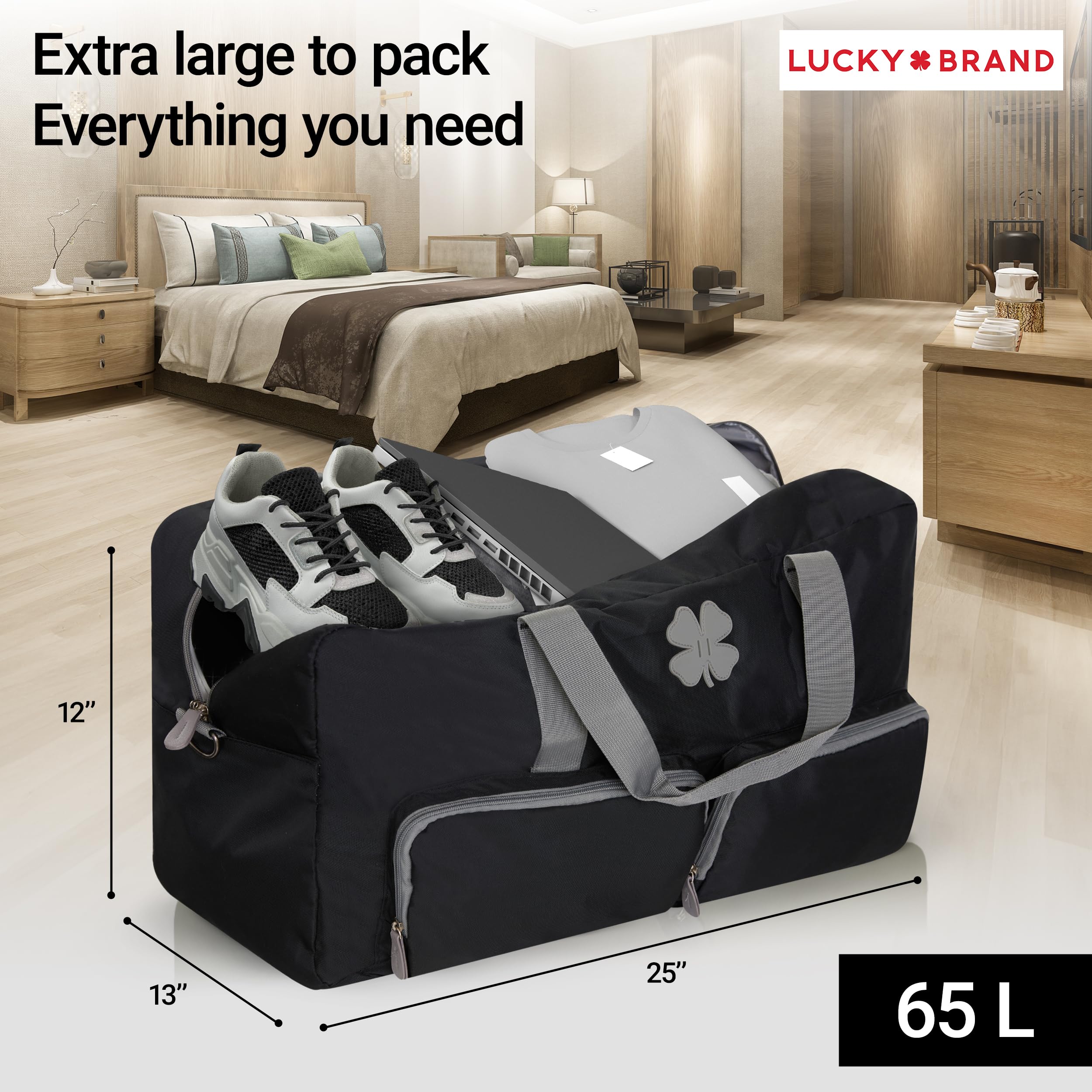 Lucky Travel Duffel Bags 65L, Gym Bag, Travel Bag & Large Duffle Bag for Men, Foldable Overnight Weekender Bags for Women & Men with Adjustable Shoulder Strap, Black