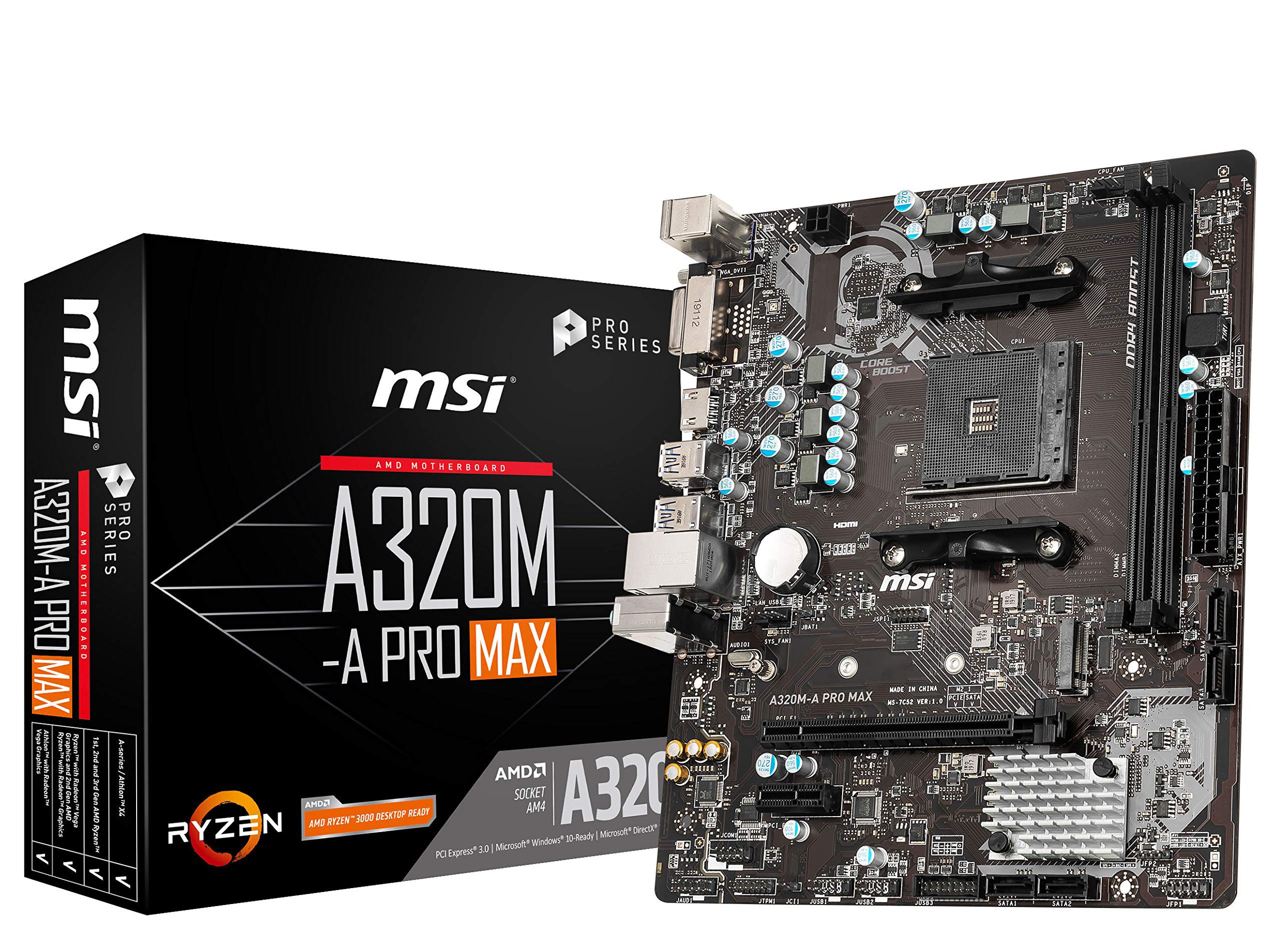 MSI ProSeries AMD A320 1st, 2nd, 3rd Gen Ryzen Compliant AM4 DDR4 HDMI DVI M.2 USB 3 Micro-ATX Motherboard (A320M-A PRO MAX)