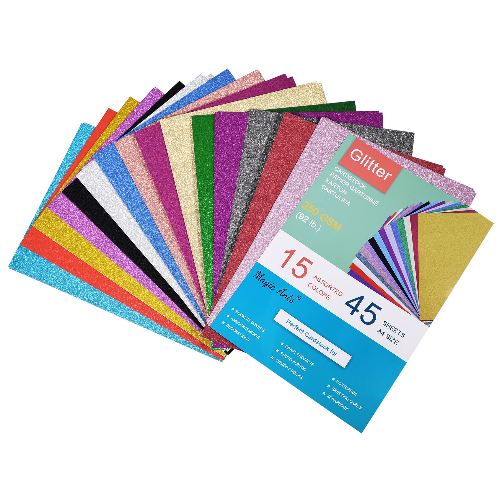 Magic Ants Glitter Cardstock Paper, 45 Sheets 15 Colors, Single-Sided Printed Colored Cardstock Paper, A4 Glitter Card Stock for DIY Projects, Sparkly Paper for Card Making, 250 GSM