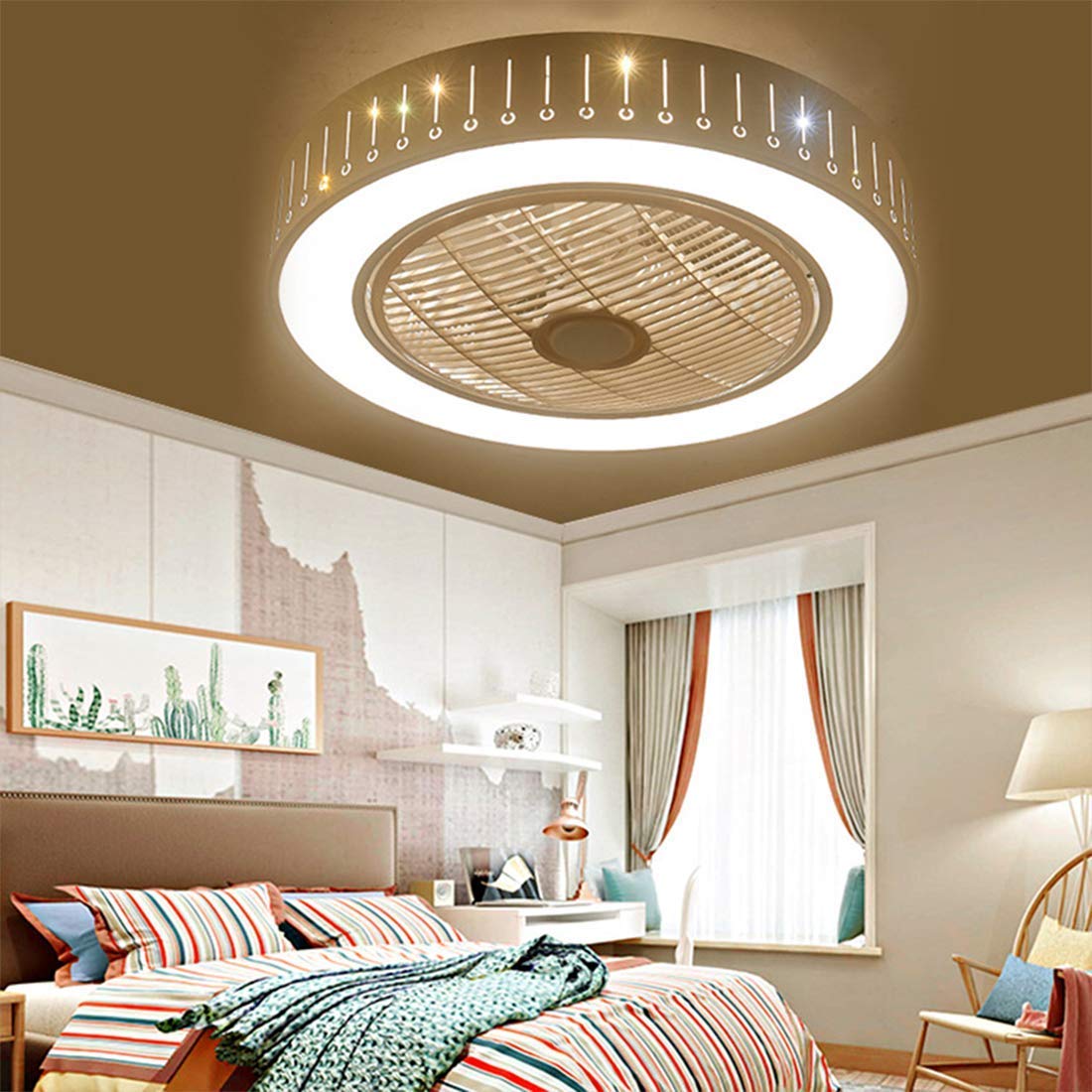 Modern Ceiling Fan Lights with Remote Control Flush Mount, LED Fan Lamps Invisible Dimming 3 Colors Lighting, Home Dining Room Bedroom Living Ceiling Lights
