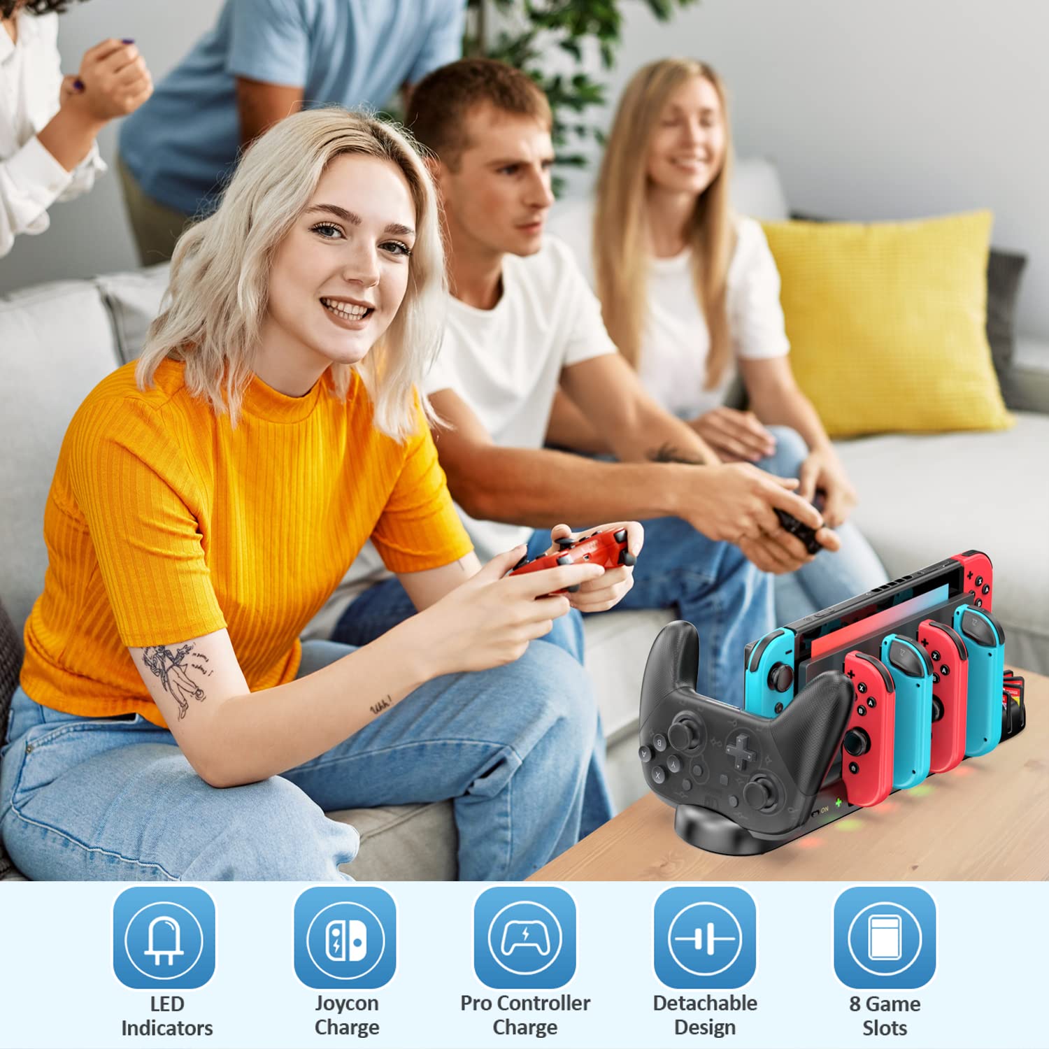 Switch Controller Charger for 6 Joy-Cons and Pro Controller, Switch Charger Dock with 2 Extended USB Ports, Switch Charging Stand Station with Detachable 8 Game Slots for Nintendo Switch & OLED Model