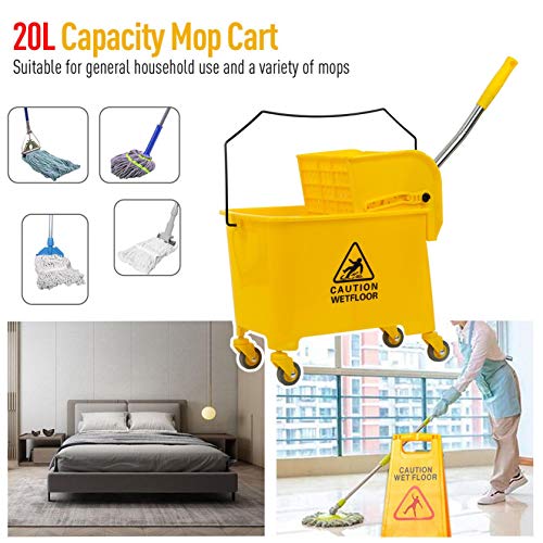 WTXX 5.28 Gallon Rolling Cleaning Mop Bucket Commercial Restaurant with Down Press Wringer ,Removable Side Press Wringer Design (Yellow), 23.5 inches L x 10.75 inches W x 27.5 inches H