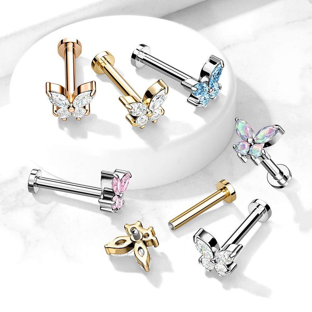 Pierced Owl 16G Stainless Steel Internally Threaded CZ Crystal Butterfly Top Flat Back Lip Cartilage Tragus Stud (Silver Tone/Aurora Borealis, Bar Length: 8mm)