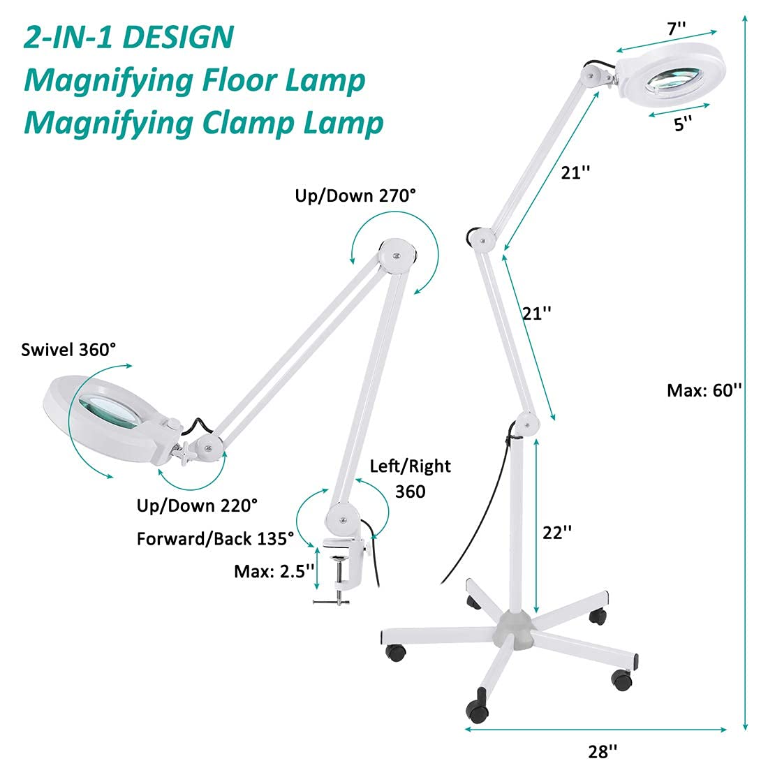Magnifying Floor Lamp with 5 Wheels Rolling Base, 8 Diopter Real Glass Lens, 5X Magnifier with 2200 Lumens Dimmable LED Light for Close Work, Adjustable Swivel Arm Standing Lamp for Lash Extensions