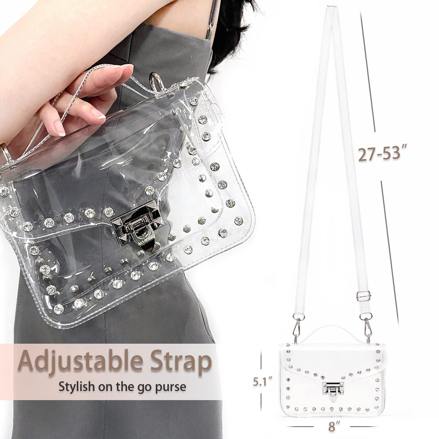 OllarKt Clear Purses For Women, Small Clear Clutch Purse Clear Crossbody Bag Stadium Approved Silver Rhinestone Embellished Evening Bag, Gift for Women