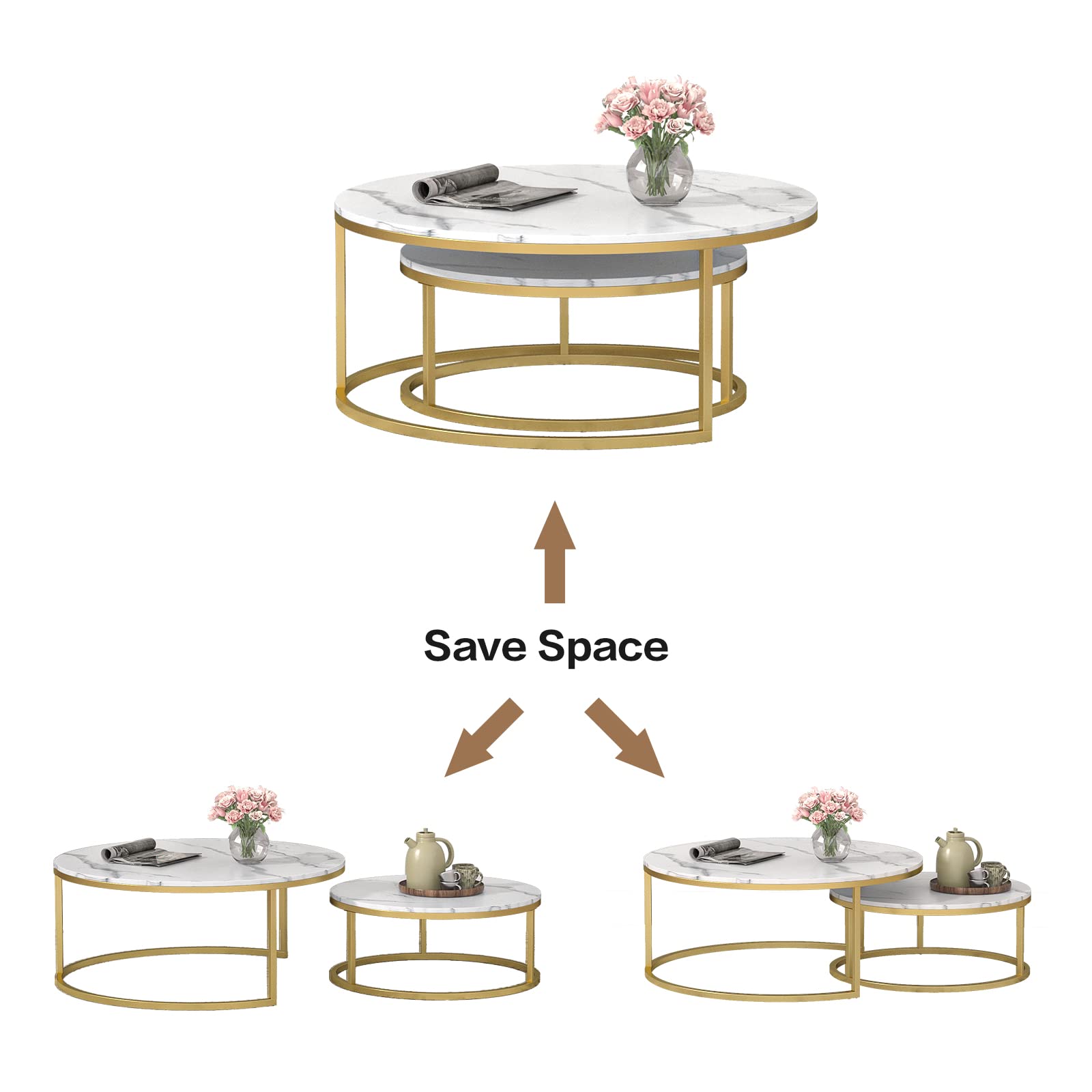 Modern Nesting Coffee Table, Marble Look Sofa Side Nest of Tables Round End Tables, Set of 2, Golden Color Frame with Wood Top- 32β& 24β Table Set