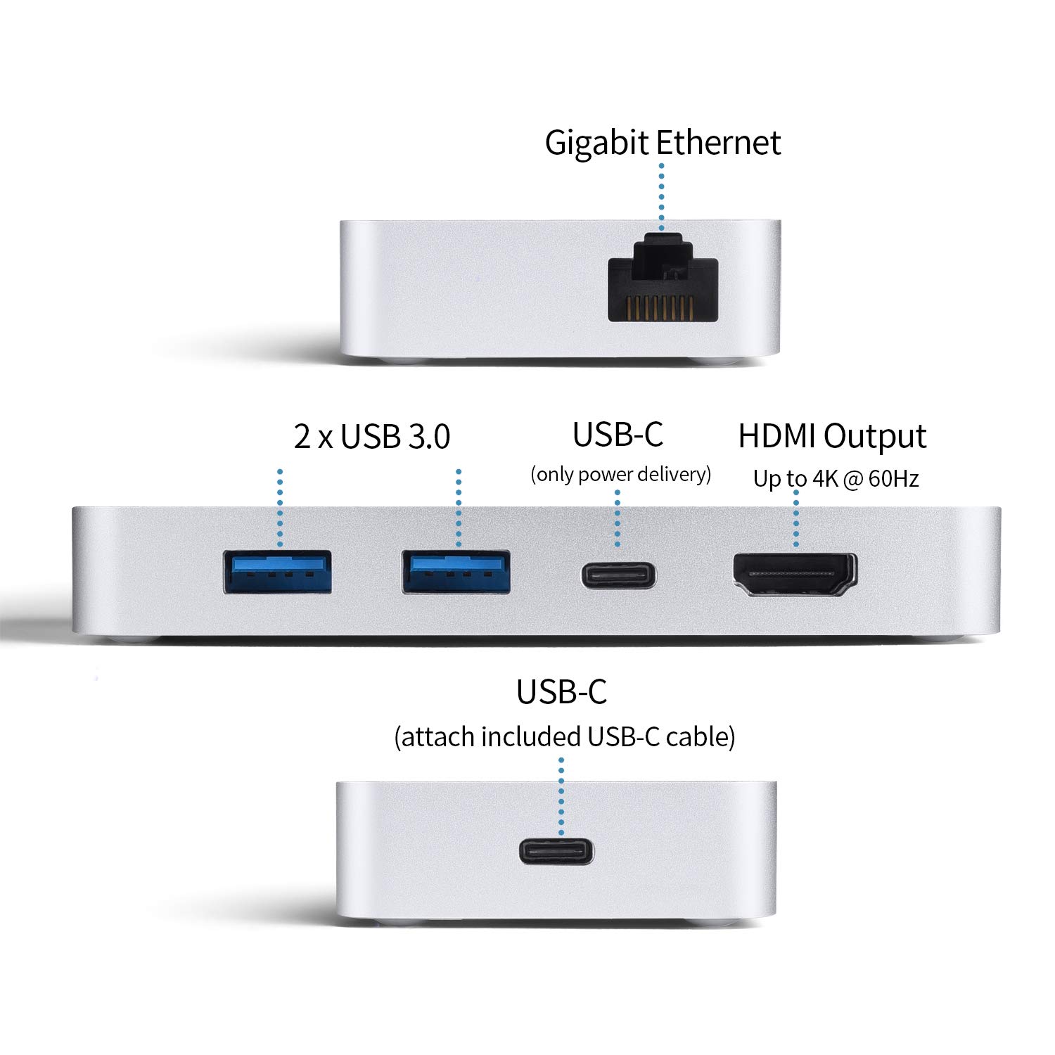 MINIX 480GB USB-C Multiport High-Speed SSD Storage Hub-Gigabit Ethernet,4K HDMI (60Hz), USB-C Pass-Through, USB 3.0-Compatible with macOS, iPadOS and Windows 10 OS. (NEO SG4-Silver)