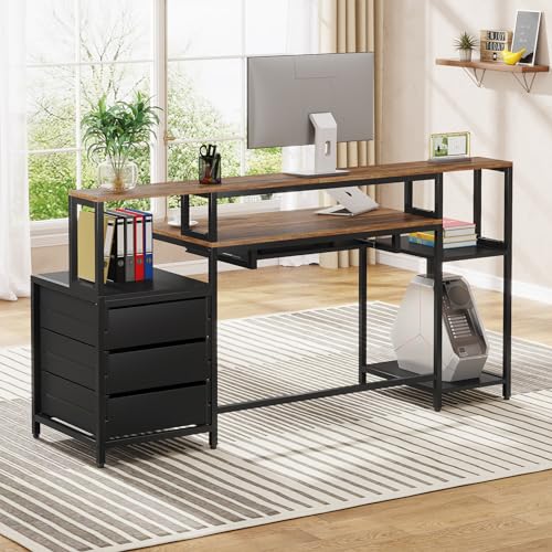 LITTLE TREE 63 inch Computer Desk with 3 Storage Drawers, Reversible Home Office Desk with Monitor Stand, Long PC Desk Workstation with Keyboard Tray, Study Writing Table, Rustic Brown