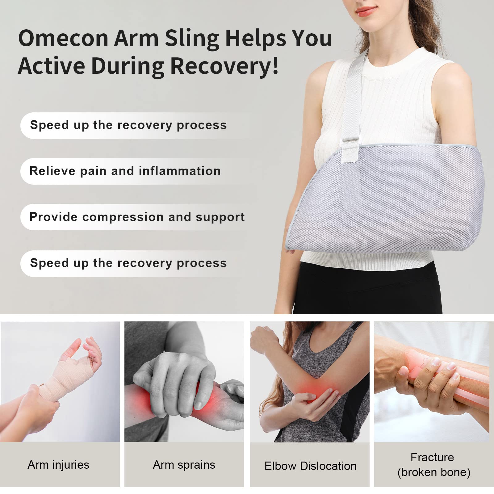 Omecon Arm Sling Shoulder Immobilizer, Adjustable Strap for Rotator cuff, Shoulder & Arm Injury, Breathable and Lightweight material for comfortable wear, Reversible Design for both Left & Right Arm