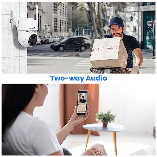 NUFEBS Security Camera 2K/4MP Wireless Outdoor with Solar Panel 355°PTZ 2.4G WiFi Waterproof Surveillance Motion Dection Spotlight/Siren, Color Night Vision，2 Way Audio，SD Card Slot/Clound (White)