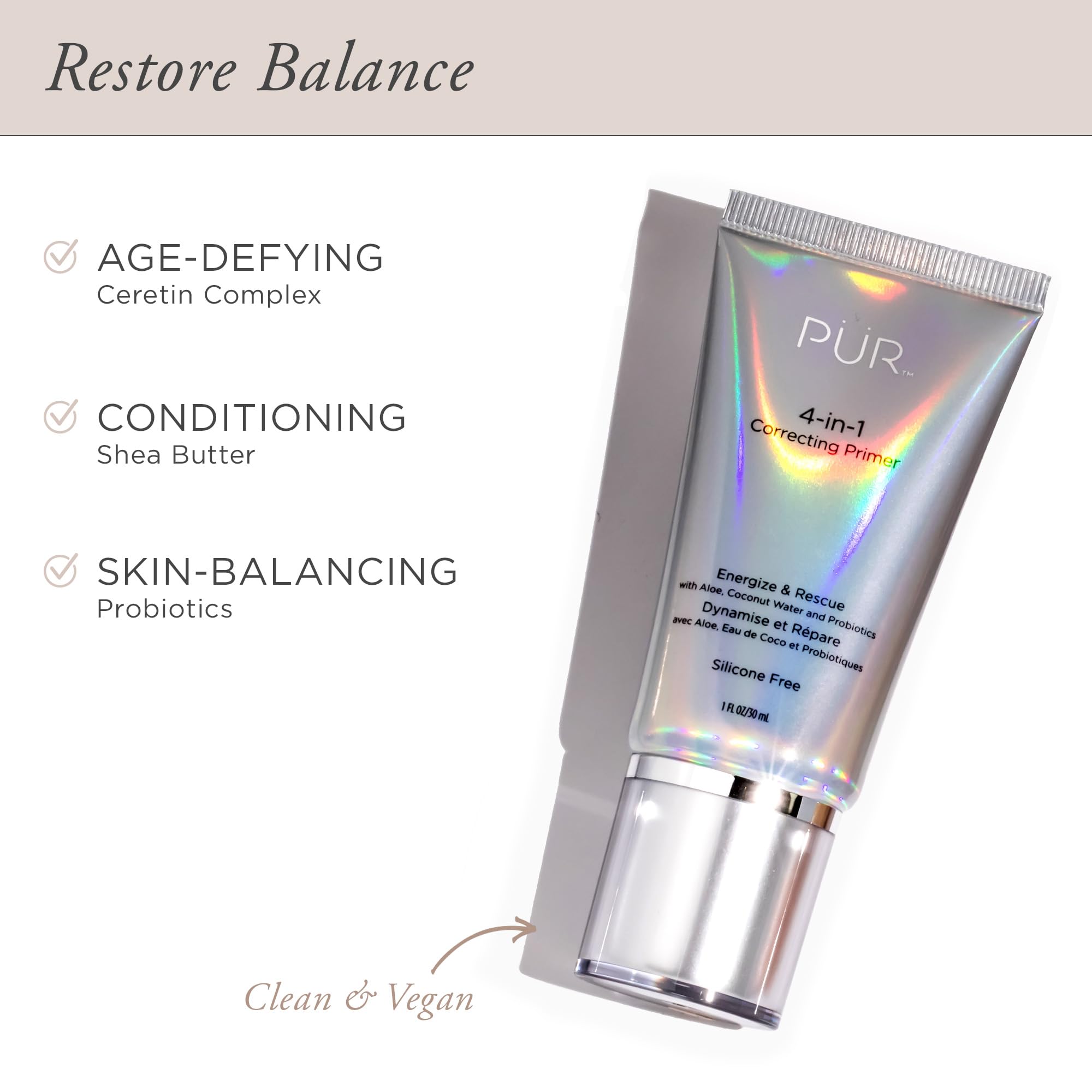 PÜR MINERALS 4-in-1 Correcting Primer, Pore Reducer, Makeup Primer, Redness Reducer, Cruelty-Free, Lightweight Formula, Vegan Friendly - Energize & Rescue