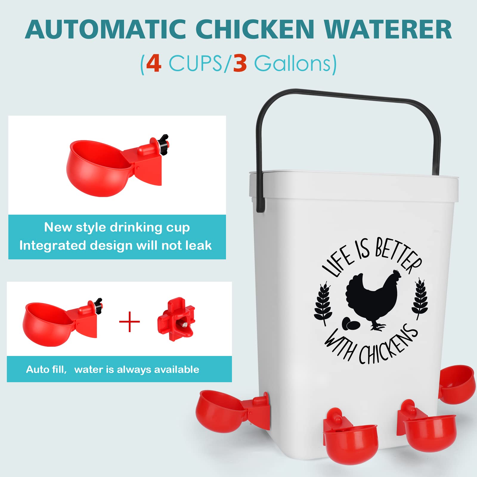 Tgeyd Chicken Feeder and Chicken Waterer Set (3 Gallon/26 Pounds) - Hanging Automatic Chicken Feeder No Waste - Chicken Coop Accessories - Poultry Waterer with