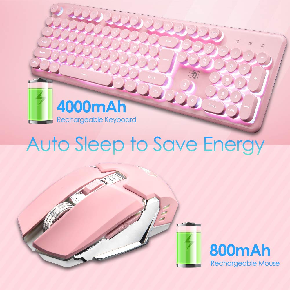 Pink Wireless Gaming Keyboard and Mouse Wired Headphones and Mice pad Backlight Bundle 2.4GHz Rechargeable Retro Keyboard and Rainbow Blacklit Mouse with 3D Stereo Gaming Headset for Laptop, PC