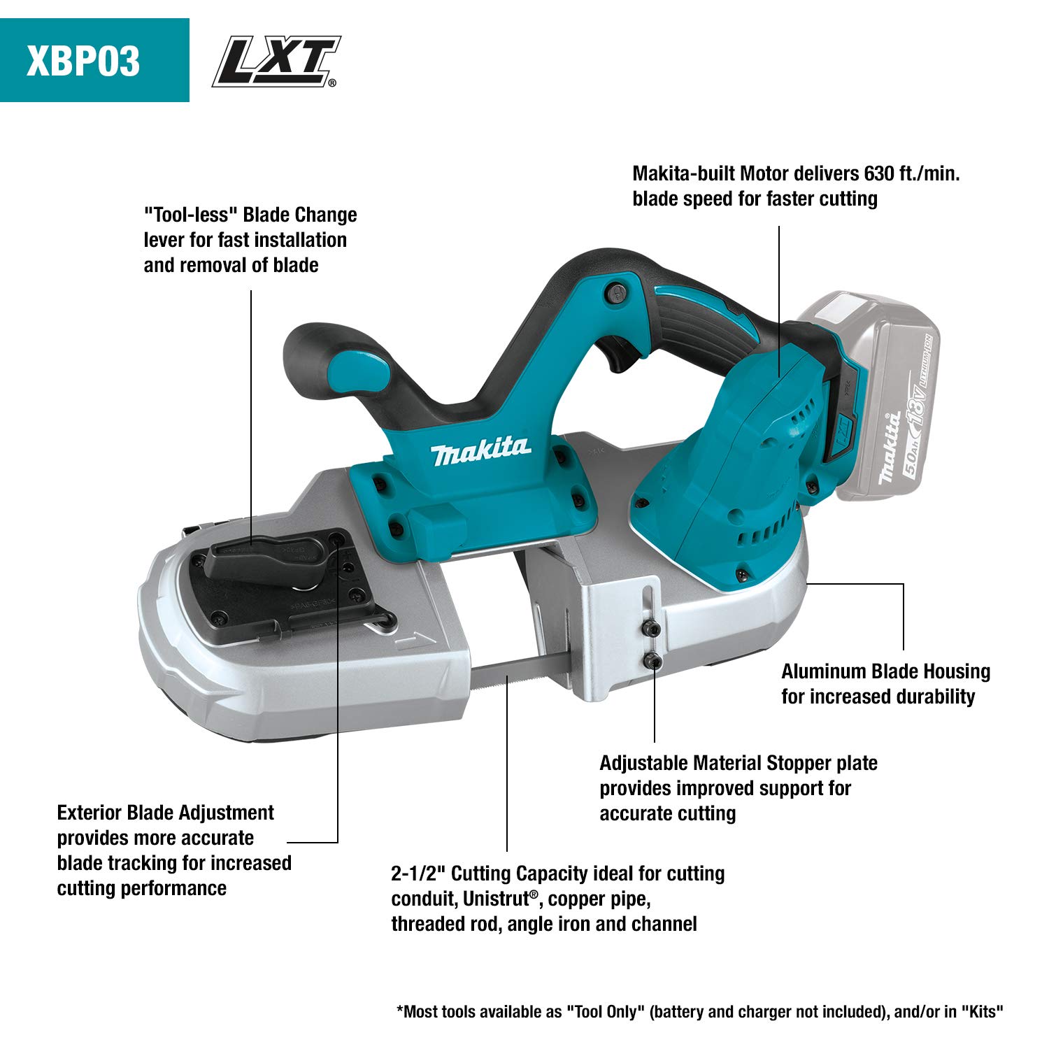 Makita BL1850B-10 18V LXT Lithium-Ion 5.0Ah Battery, 10/Pk & XBP03Z 18V LXT Lithium-Ion Cordless Compact Band Saw, Tool Only