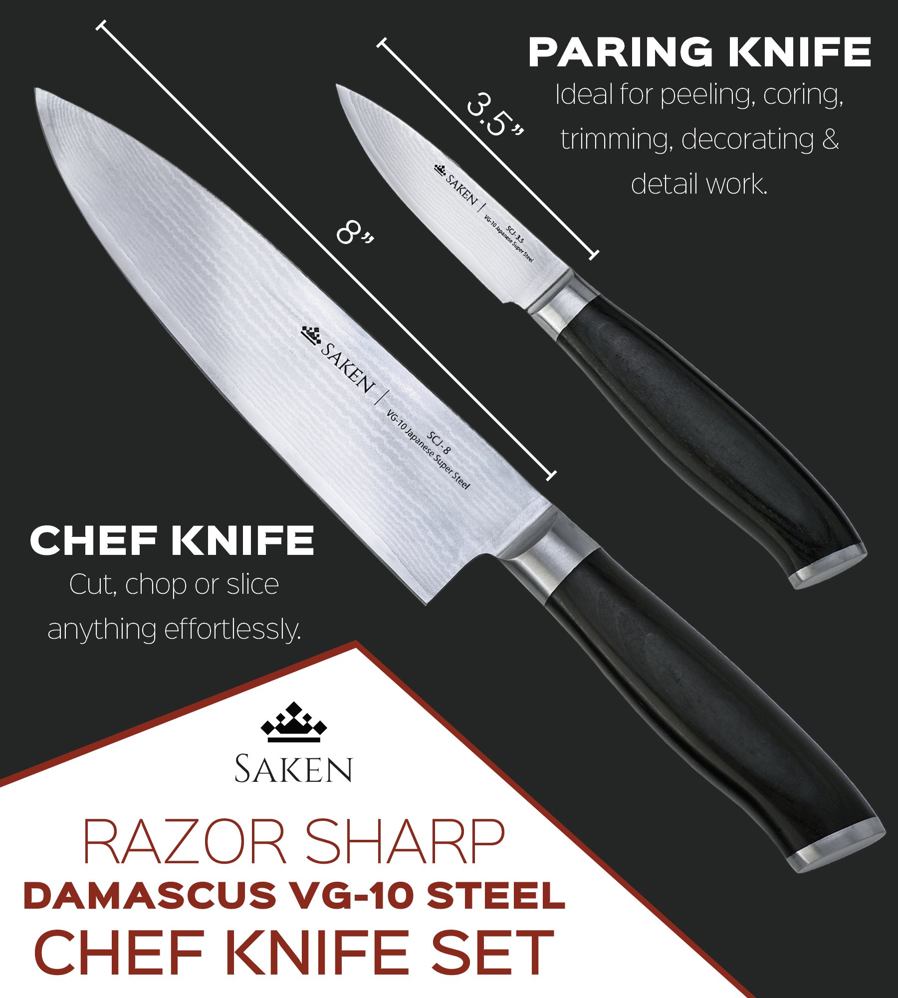 Saken Razor Sharp Damascus Steel 8” Chef Knife Set with 3.5" Paring Knife – Premium Japanese VG-10-67 Layers Folded Steel Kitchen Knives - Natural Non Stick - by Saken