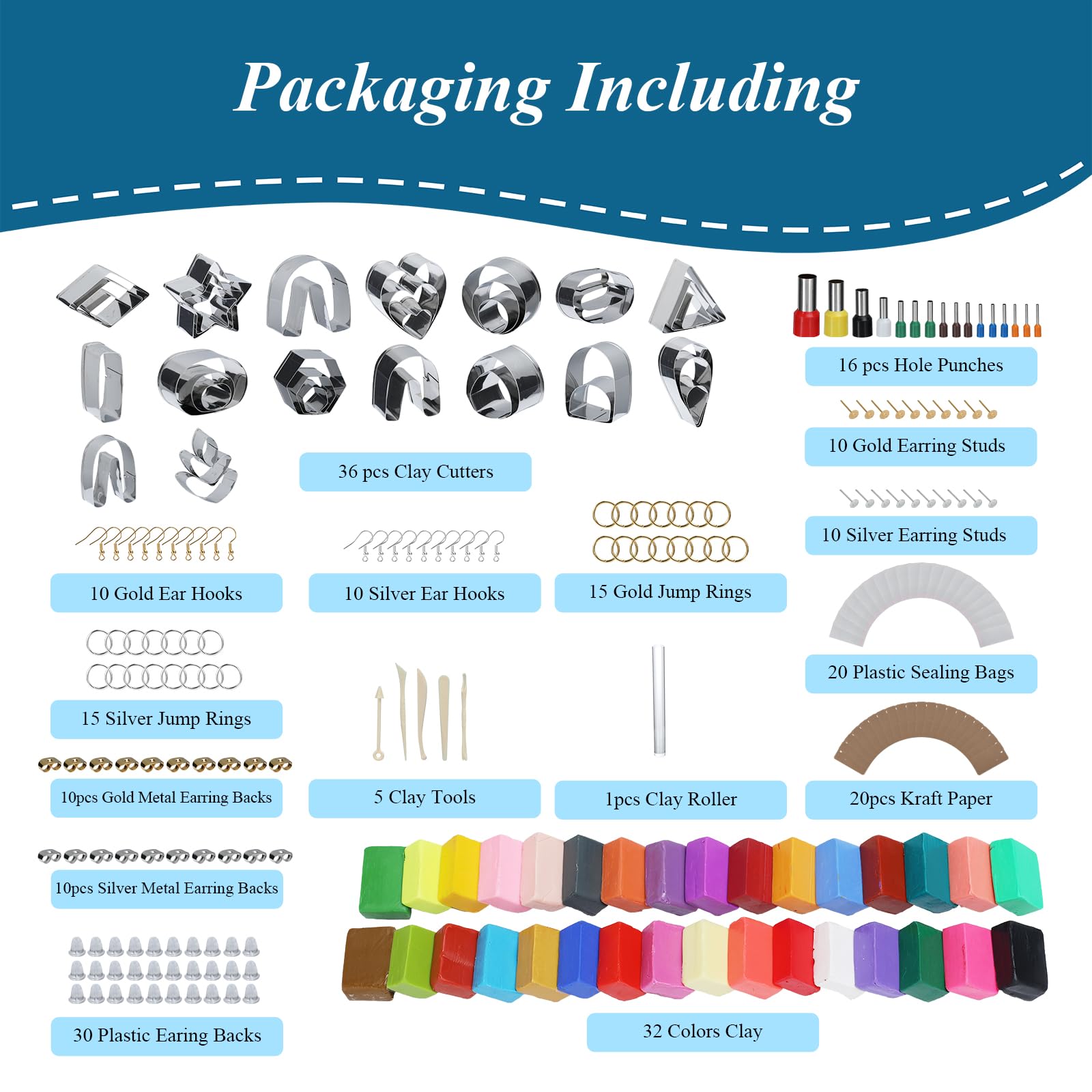 MADLYN RHUE Polymer Clay Earring Making Kit with 36PCS Clay Cutters and 32PCS Oven Bake Clay, Modeling Clay Jewelry Making Kit for Beginner (Instruction Included)